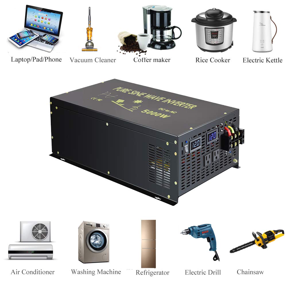 Reliable 5000W Continuous Power Heavy Duty Pure Sine Wave Power Inverter DC 12V to AC 110V 120V with Dual AC Outlets 41Amps Hardwire Terminal and LED Display for RV Car Solar System Emergency