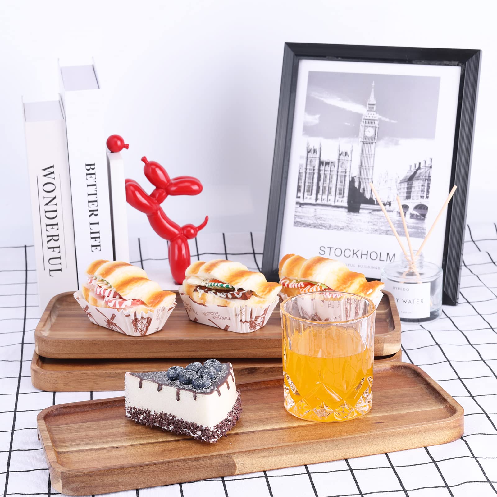 Solid Acacia Wood Serving Trays and Platters (14 x 5.5 in) Rectangular Wooden Serving Platters,Wood Boards for Food, Vegetables, Fruit, Charcuterie, Appetizer Serving Tray, Cheese Board (3 pcs)