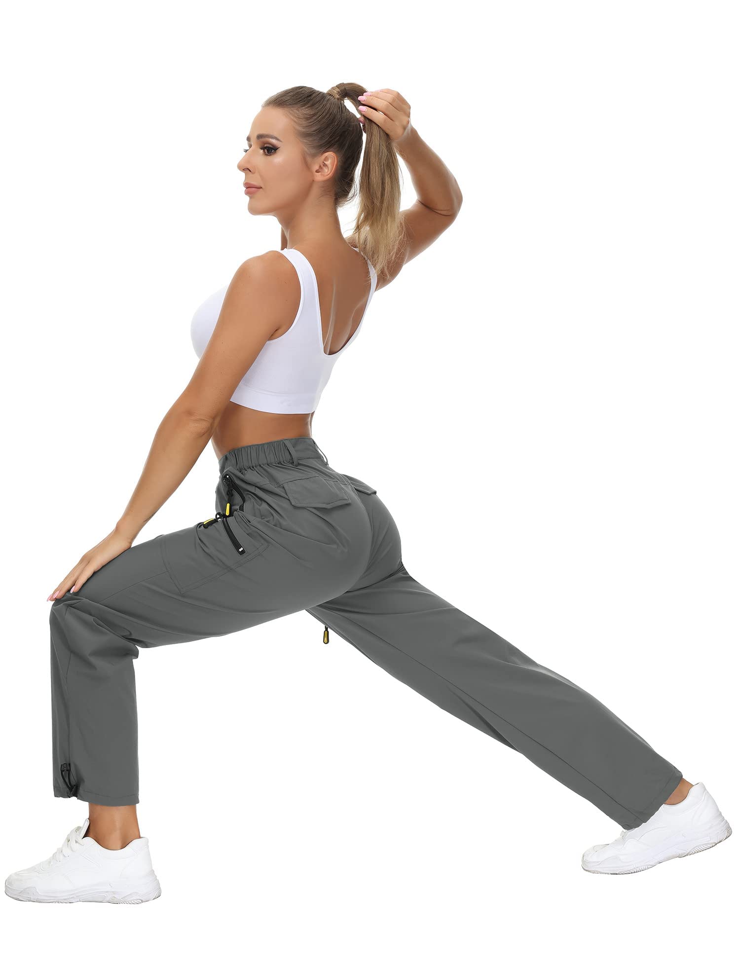 VVK Women's Cargo Hiking Pants Elastic Waist Quick Dry Lightweight Outdoor Water Resistant UPF 50+ Long Pants Zipper Grey Large