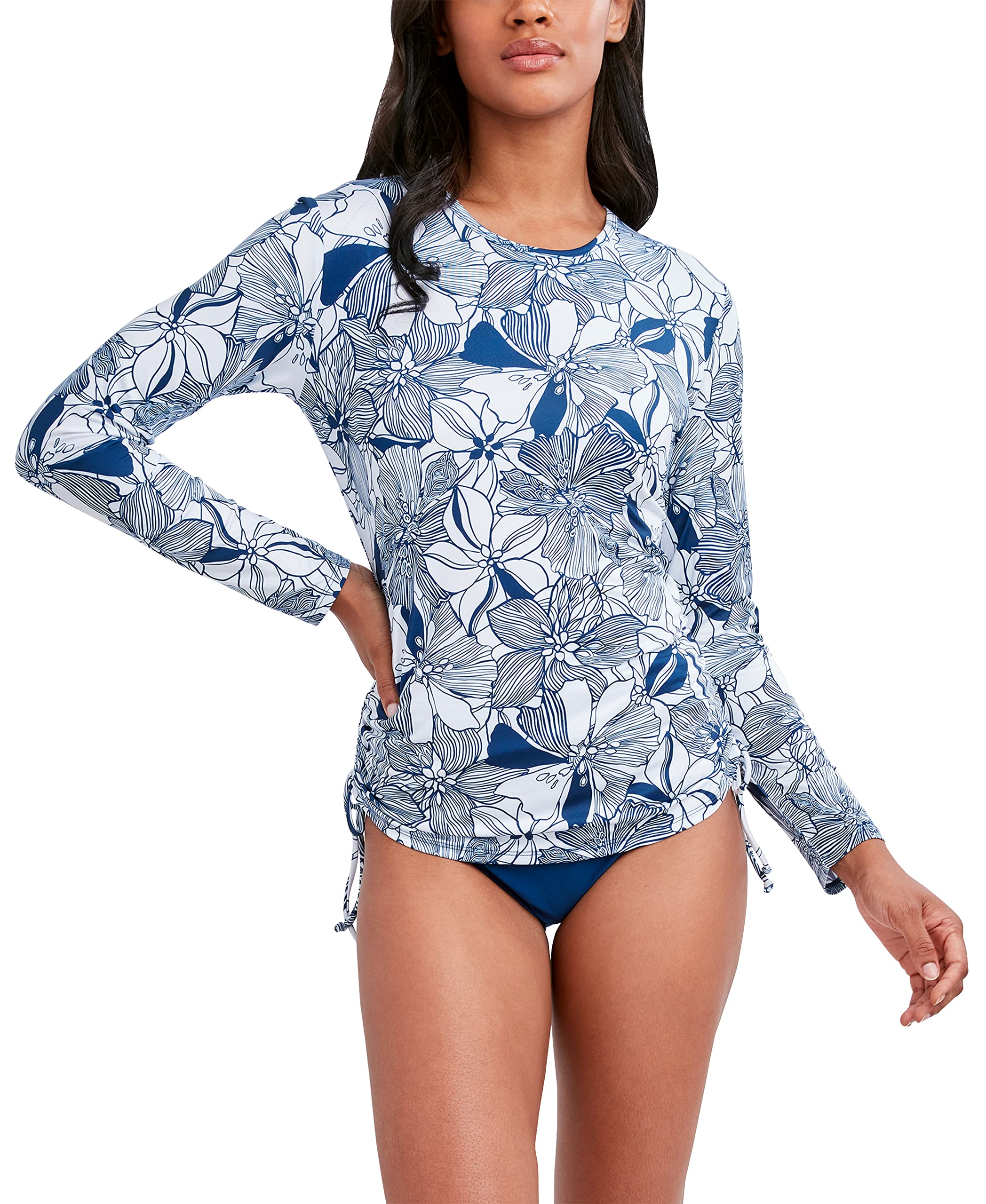 Stella Parker Women's Standard Long Sleeve Rashguard Adjustabe Side Tie UPF 30+ Sun Protection Quick Dry Swim Shirt, Dress Blue, X-Large