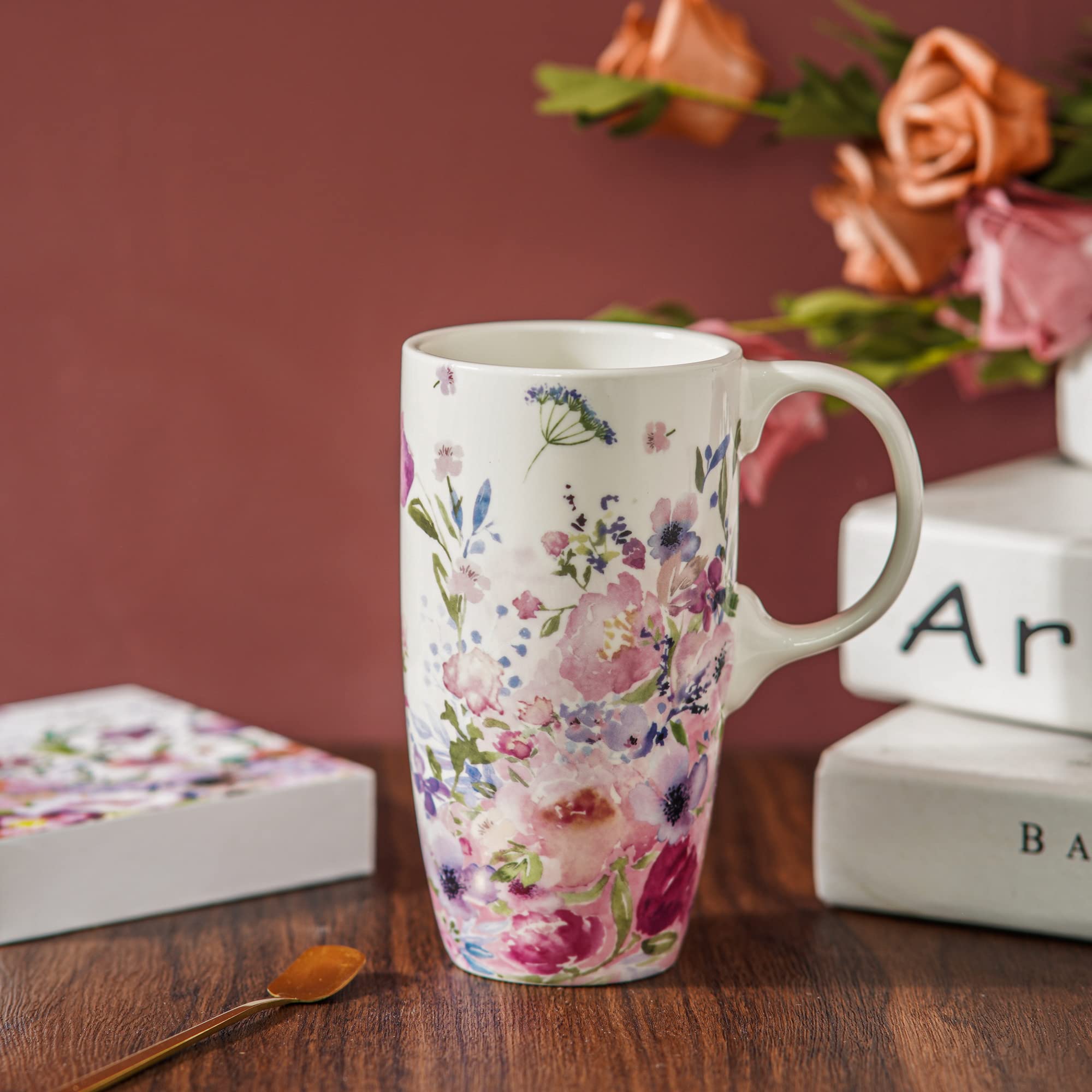Topadorn Ceramic Mugs Porcelain Latte Tea Cup Coffee Mug with Gift Box,17oz.Pink Garden