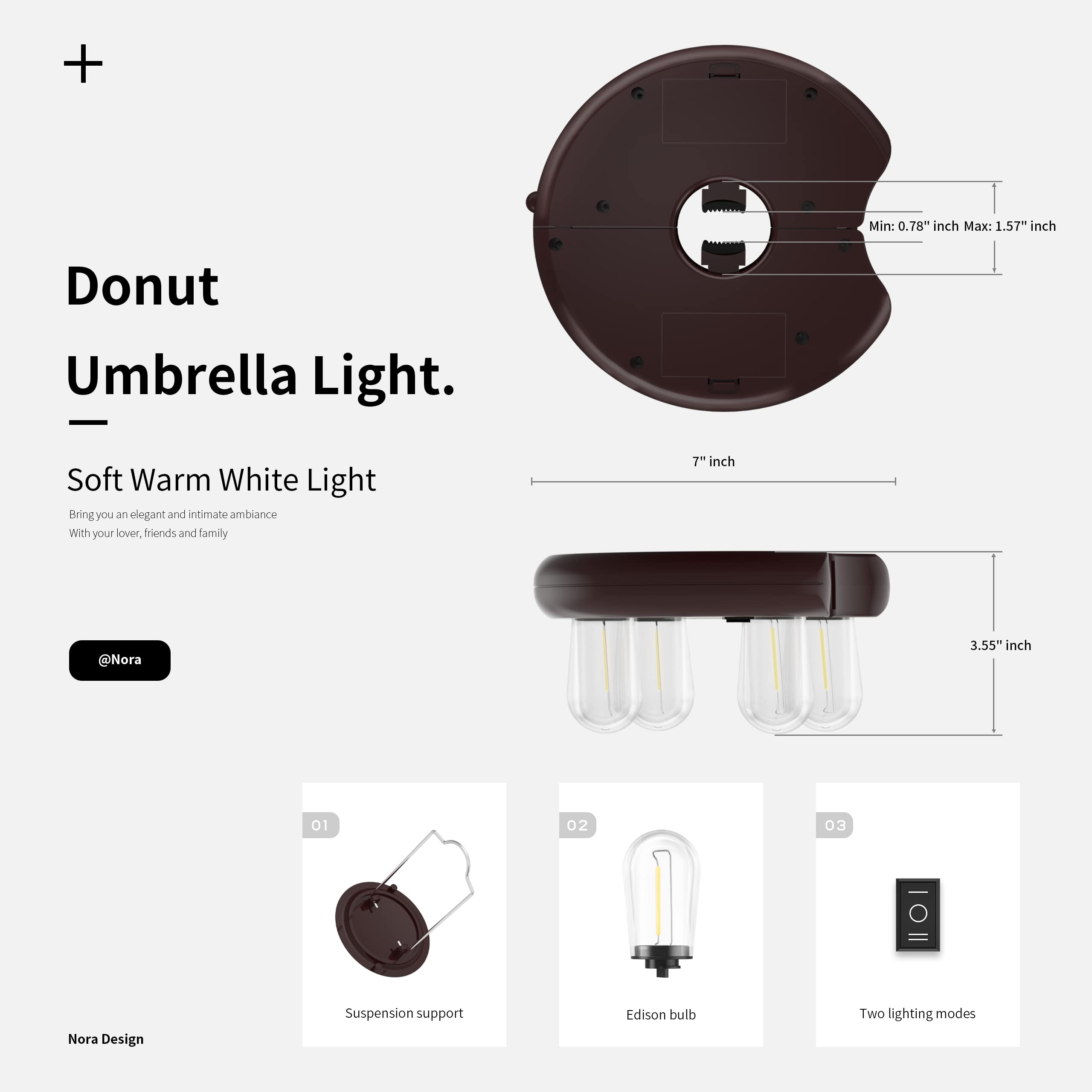 Nora·Gift Patio Umbrella Light with LED Edison Bulbs, Battery Operation Cordless-Outdoor Umbrella Pole Lights with 2 Lighting Modes for Garden,Patio, Backyard, Camping or BBQ - Brown(1 Pack)