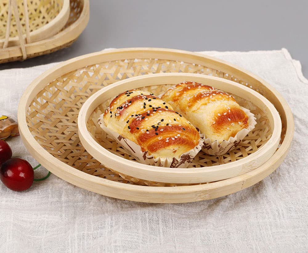 TimesFriend 100% Handwoven Flat Wicker Round Fruit Basket Woven Food Storage Weaved Shallow Tray Organizer Holder Bowl Decorative Rack Display Kids DIY Drawing Board (27cm/10.5")