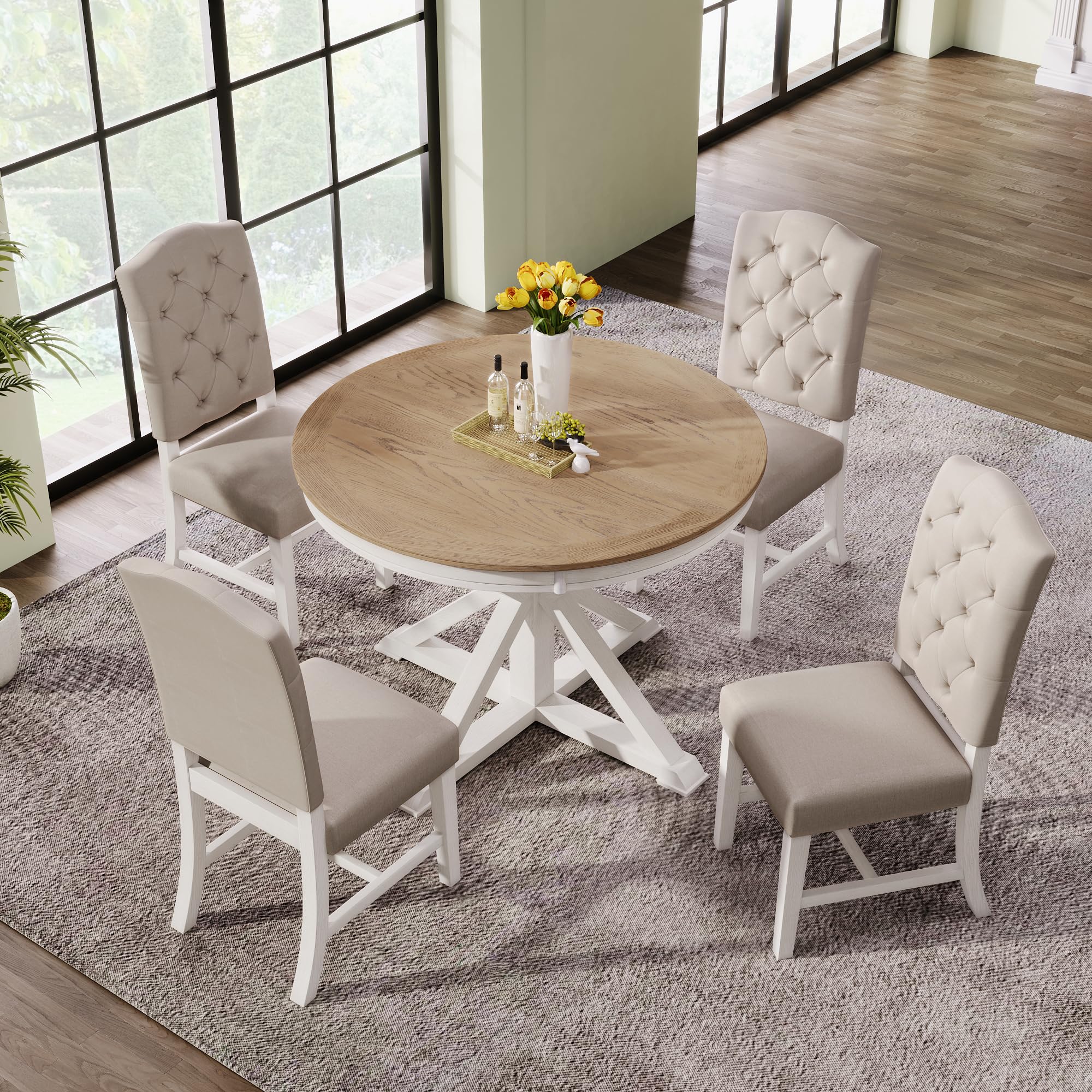 POCIYIHOME Piece Functional Furniture Extendable 4 Upholstered Chairs, Retro Style Circle Dining Table Set for Restaurant, Kitchen (Oak Natural Wood + Off White)
