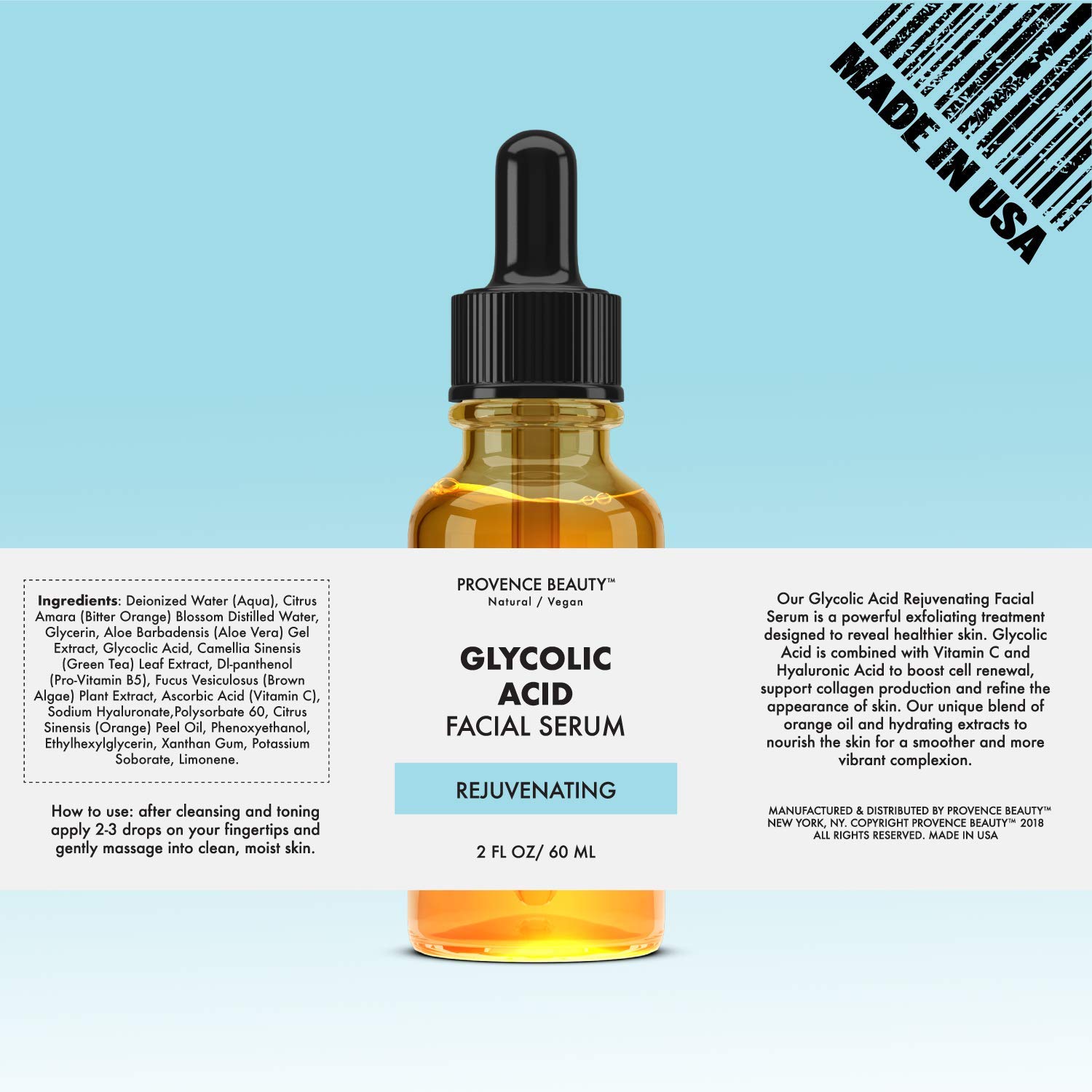 Provence Beauty Face Serum | Hydration and Exfoliating Serum | 2 OZ (Vitamin C Glycolic Hyaluronic)