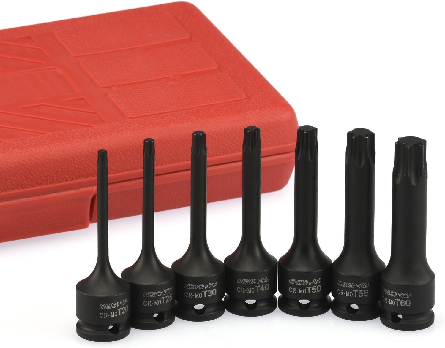 NEIKO 01132B 3/8” Drive Torx Star Driver Bit Socket Set | 7 Piece | T20 to T60 | 3” Length | Cr-Mo Impact Grade