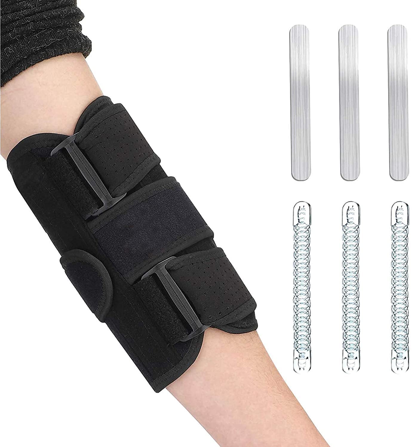 TSUSF Elbow Splint Brace, Adjustable Post Op Elbow Joint Orthosis with Spring Stabiliser, Breathable Elbow Support for Joint Pain Relief, Injury Recovery Night Protector
