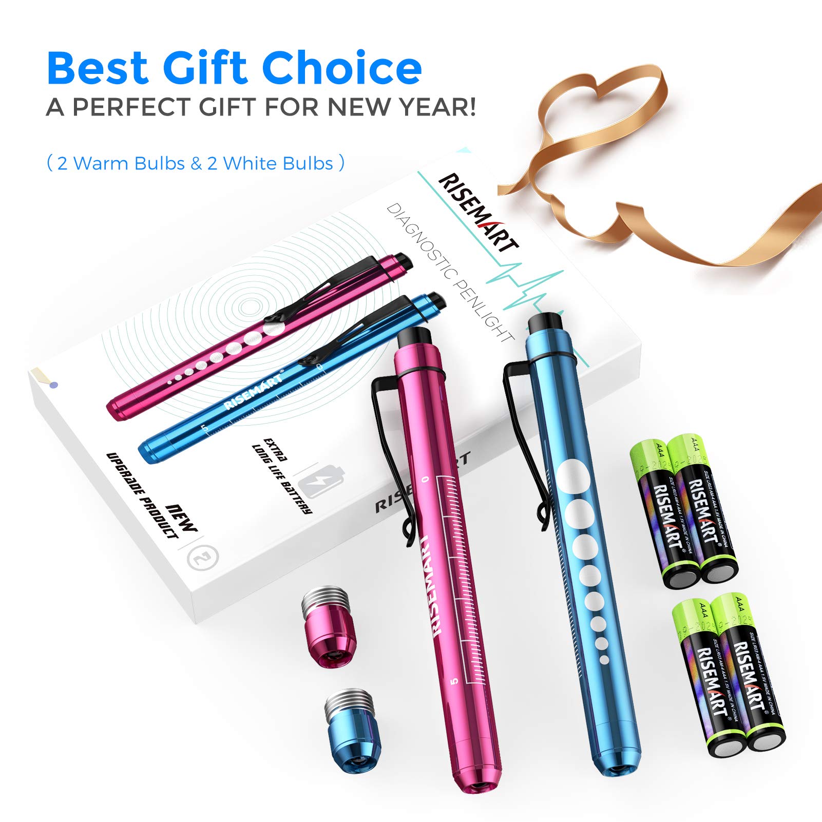 RISEMART Pen Light, Nurse Led Medical Penlight with Pupil Gauge for Nursing Students Doctors Red and Blue with Batteries