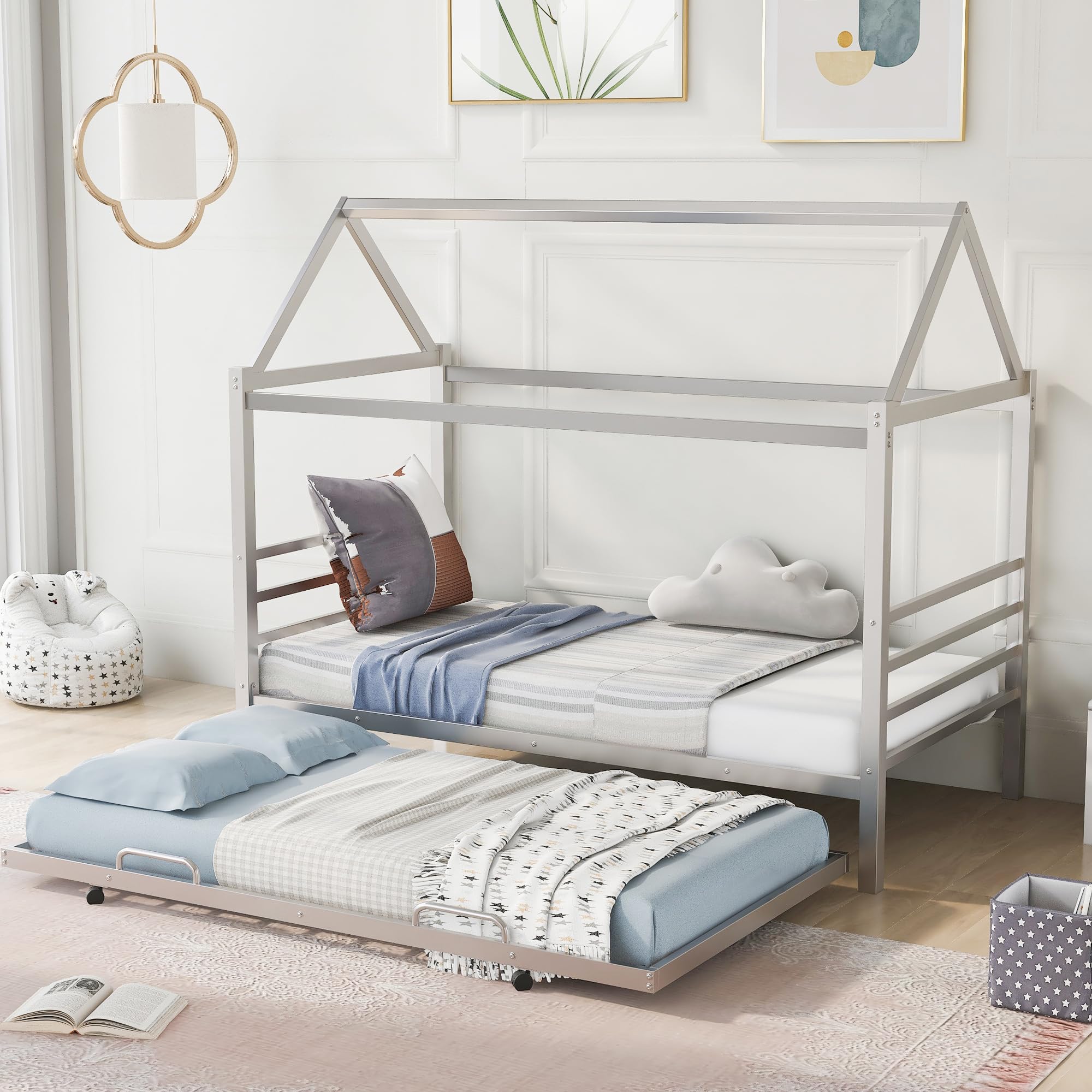 POCIYIHOME Twin Size Metal House Shape Platform Bed with Trundle, Modern Sturdy Metal Bed Frame with Solid Metal Slats for Kids,Teens Bedroom, Space-Saving, No Box Spring Needed, Silver