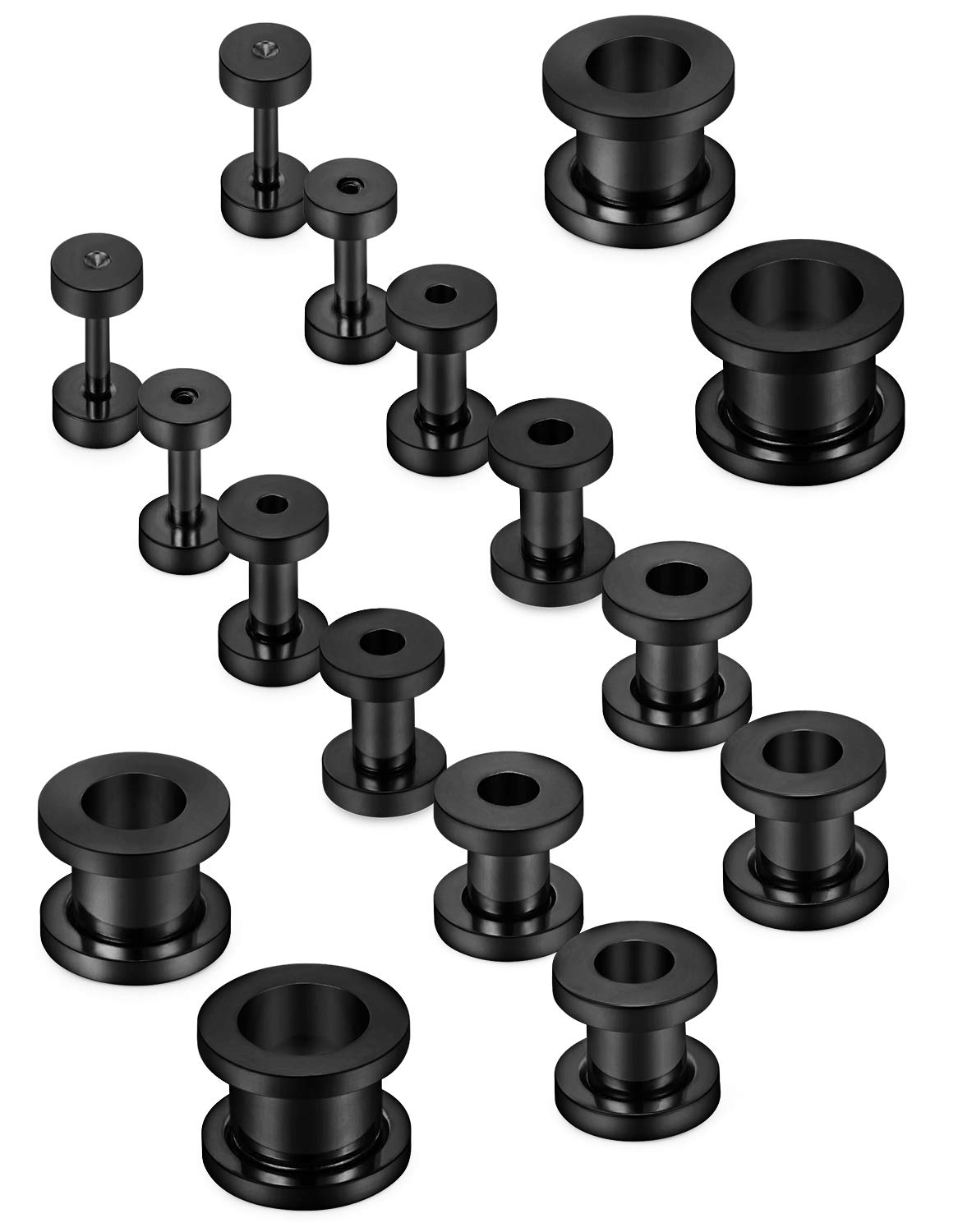 Prjndjw Screw Fit Ear Gauges Kit Surgical Steel Tunnel Expander Earrings Earlobe Plugs Stretching Body Piercing Jewelry Set for Women Men Black 14G-00G 8 Pairs