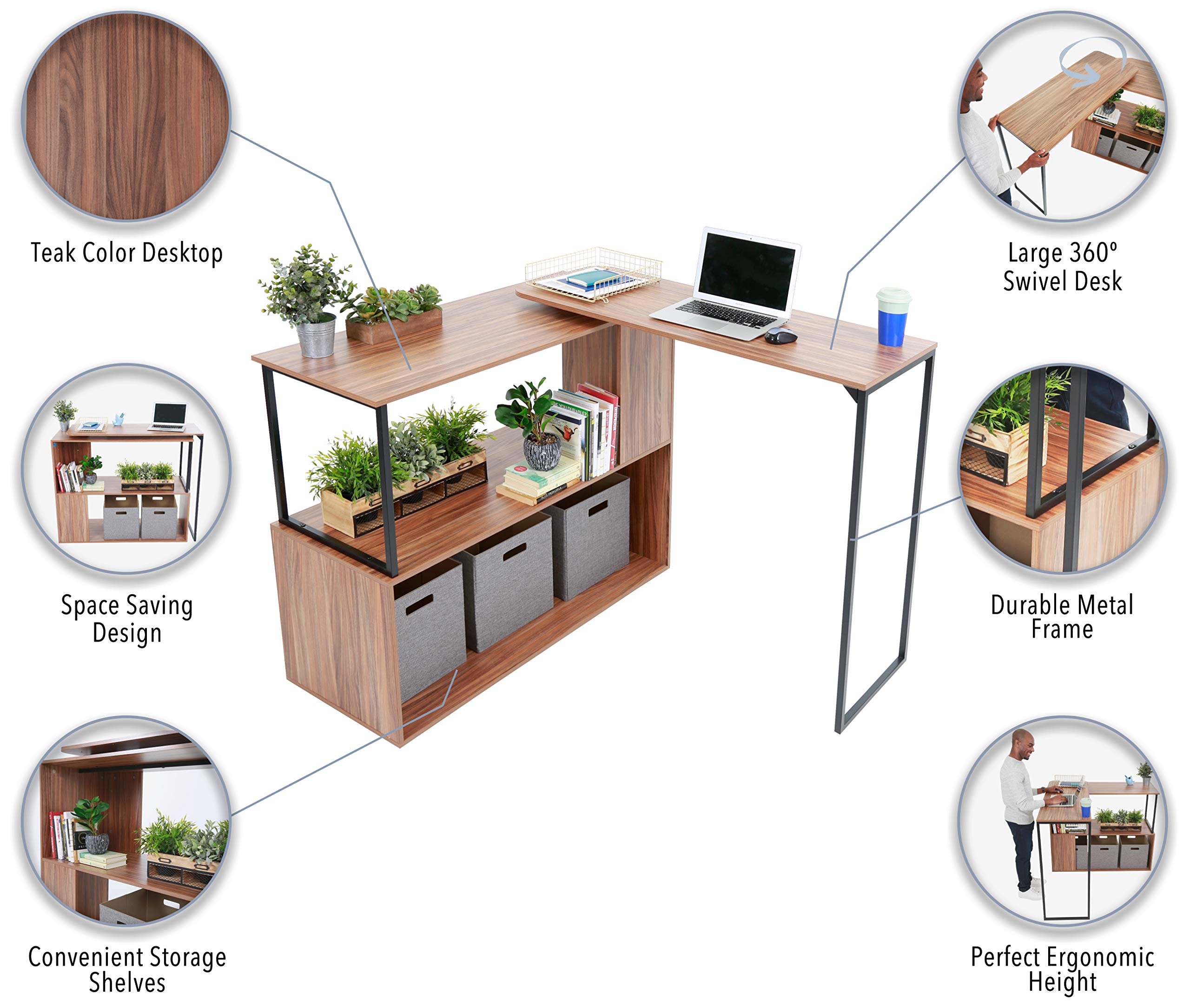 Stand Steady Joy Rotating Standing Desk L-Shaped Stand Up Desk for Home Office | Corner Computer Workstation with Storage Shelves | Space-Saving Swivel Desktop for Corners