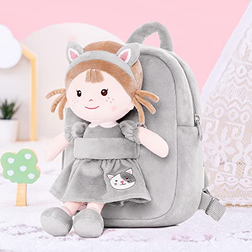 Onetoo Toddler Backpack Kids Backpacks with Soft Plush Baby Dolls Gray Cat 9.5"
