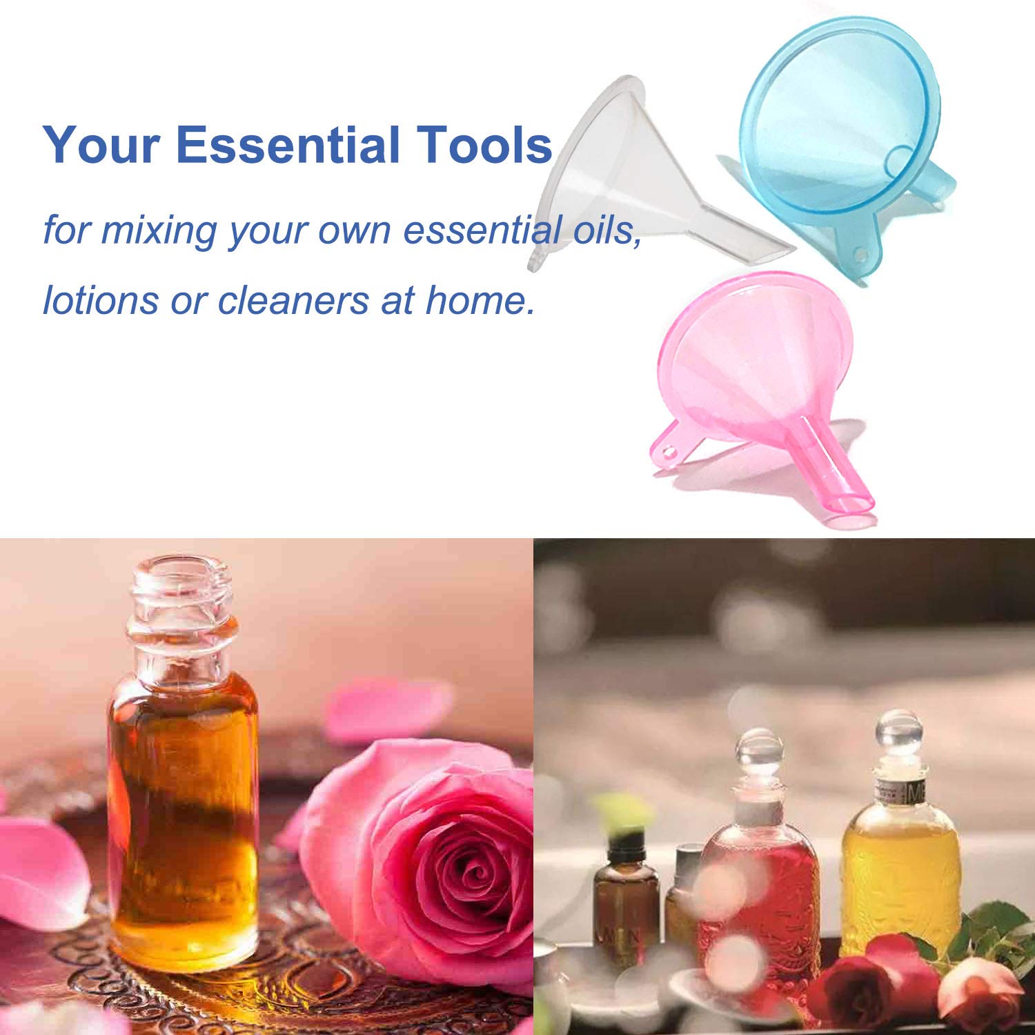 Refillable Cosmetic Containers Funnels, Funnels for Filling Bottles of Lotion, Water, Essential Oils, Lotions, Shampoo, Conditions, Cleaning Products, Pink, Clear, Blue