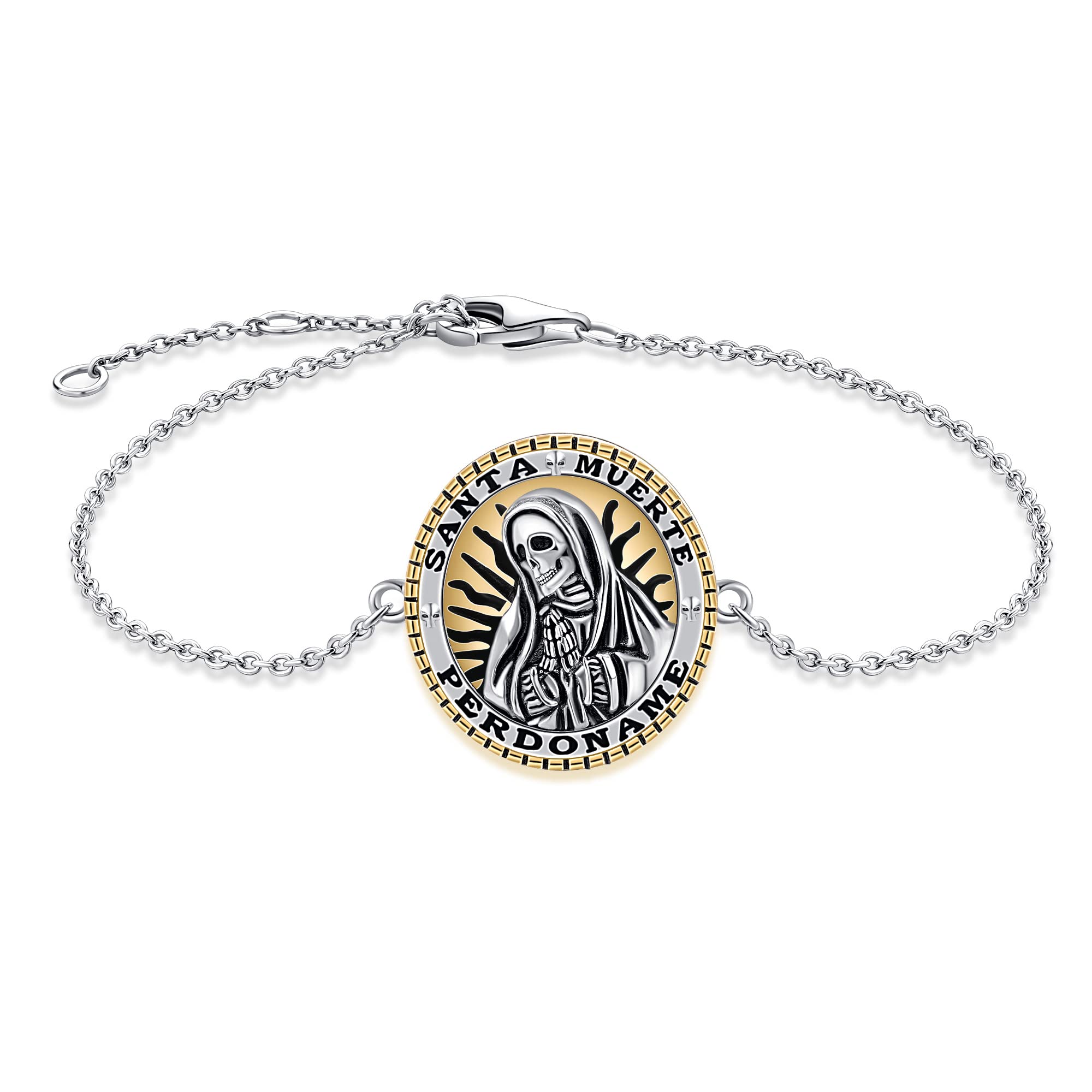 YAFEINI Santa Muerte Bracelet 925 Sterling Silver Death Charm Jewelry For Women