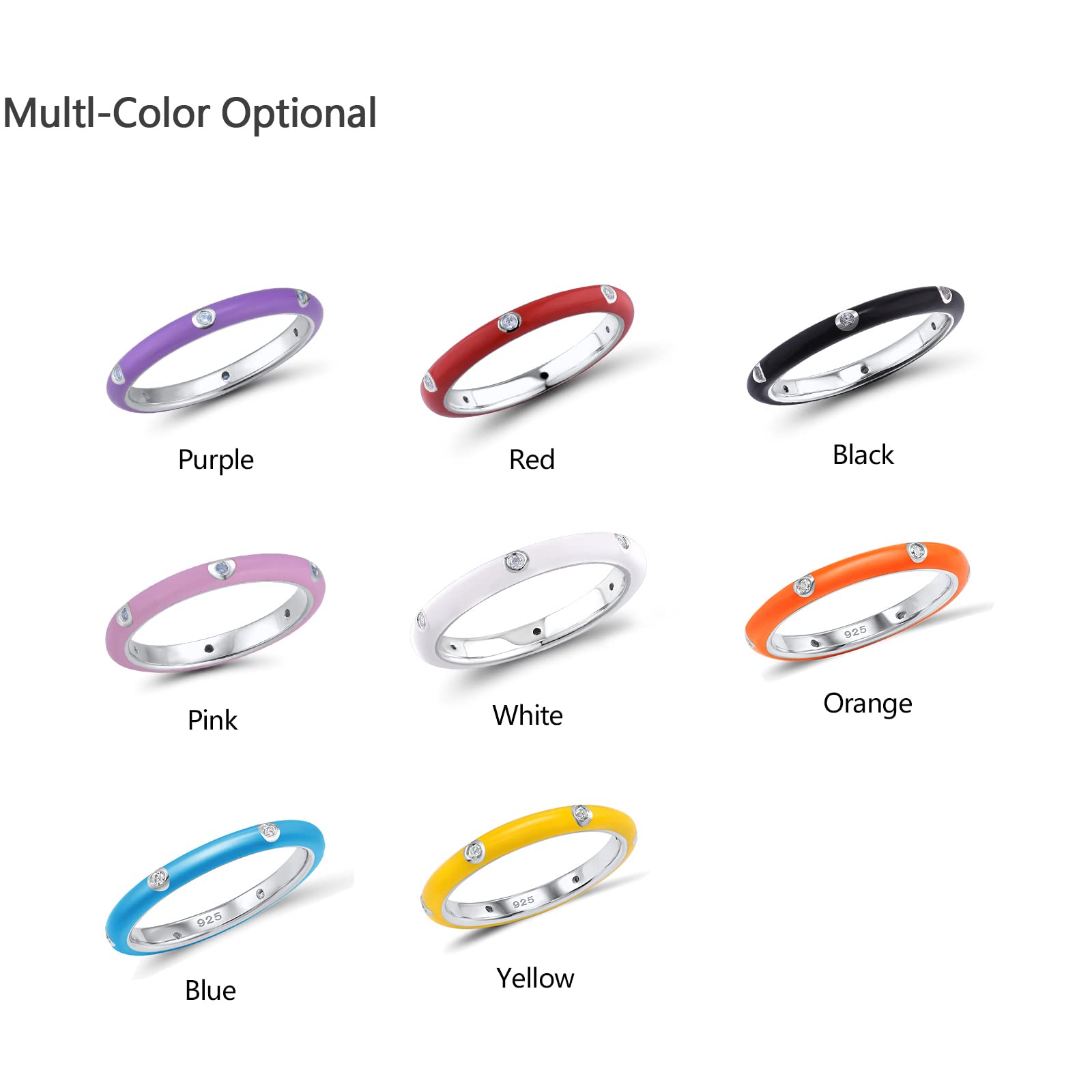 Santuzza Stackable Enamel Ring 925 Sterling Silver Stacking Cubic Zirconia Eternity Colorful Rainbow Band Rings (Small, Navy Blue, 5.5)