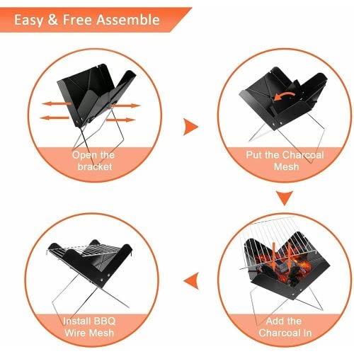 OCMC 12 Inch Portable Charcoal Grill Barbecue Grill Folding Grill Notebook Shape Charcoal Grill Detachable Collapsible Mini Tabletop Camping Grill BBQ, Black