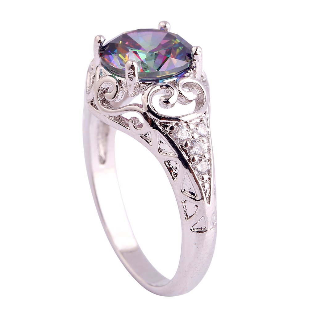 Psiroy 925 Sterling Silver Plated Round Simulated Rainbow Topaz Floral Cocktail Ring for Women Size 10