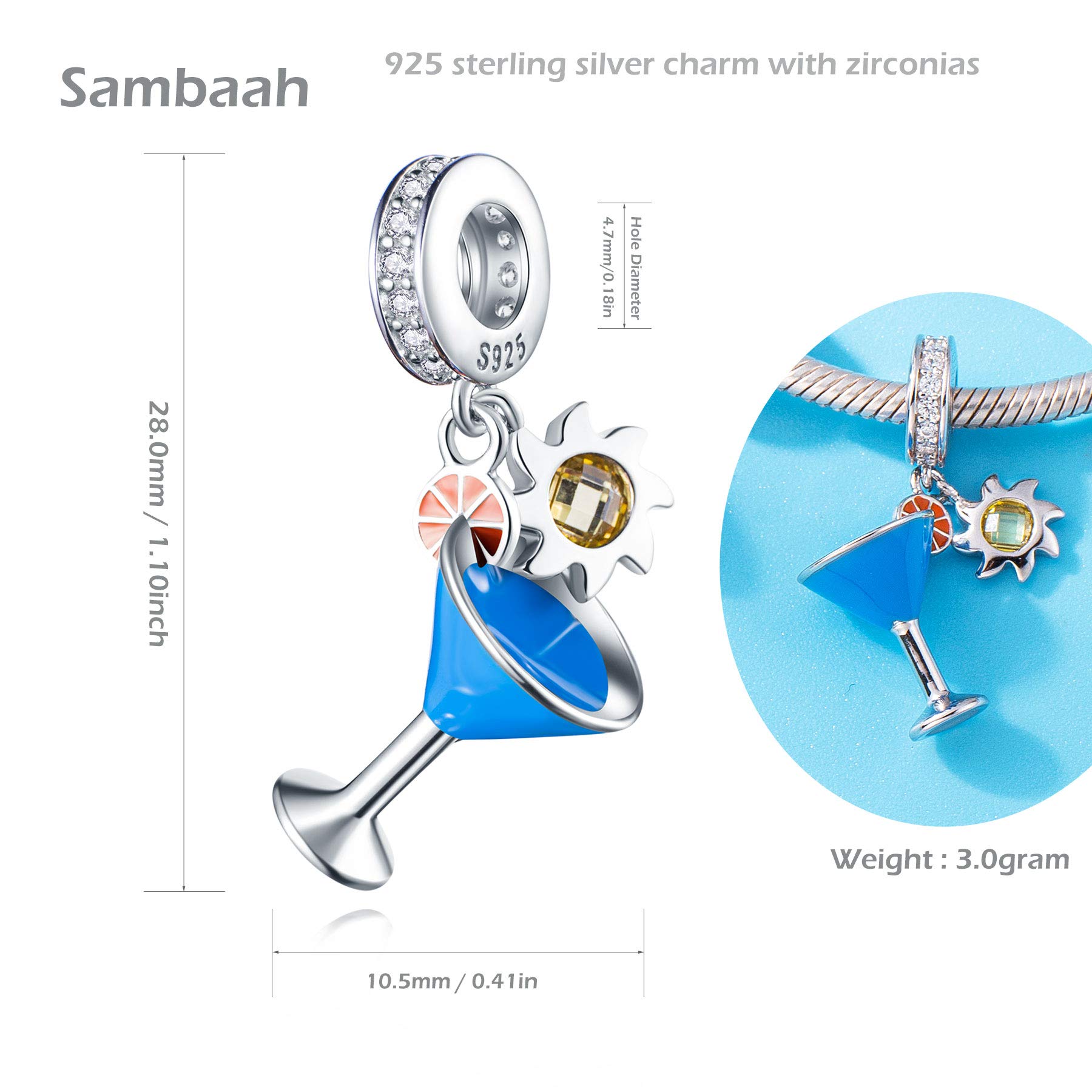 Sterling Silver Cocktail Drink Charm, Martini Glass Charm Summer Beach Theme, Fruit Lemon Dangle Charm with Cubic Zirconia for Women Pandora Style Bracelets