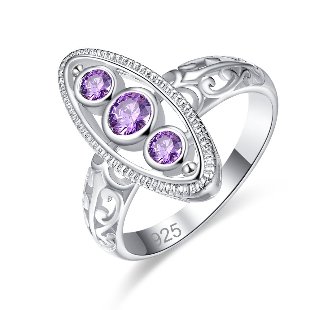 Psiroy 925 Sterling Silver Plated Simulated Amethyst 3 Stones Promise Ring for Her Size 8