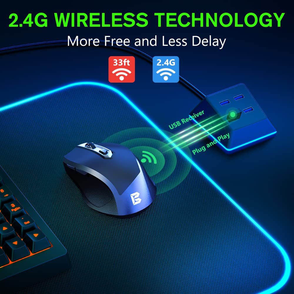 WolfLawS KM-4 Wireless Gaming Mouse, Computer Mouse USB Cordless Mice for PC Laptop, Ergonomic Optical Mouse with 6 Silent Buttons, 3 Adjustable DPI, Nano Receiver, Plug & Play for Windows -Black