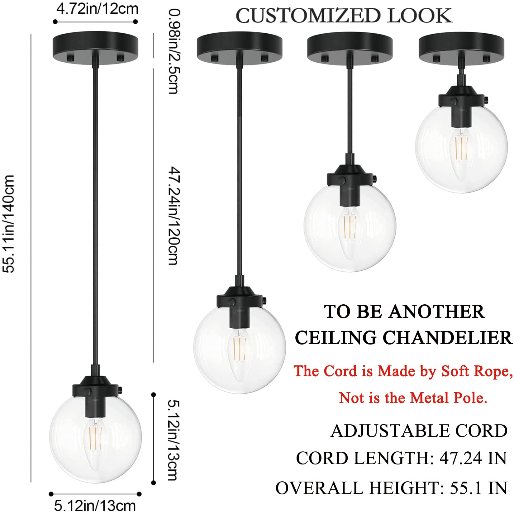 Ralbay 2 Pack Black Globe Pendant Lights for Kitchen Island,Industrial Black Globe Pendant Light with Clear Globe Glass,Mini Island Lights for Kitchen,Farmhouse Pendant Light,Bulb Excluded,Black