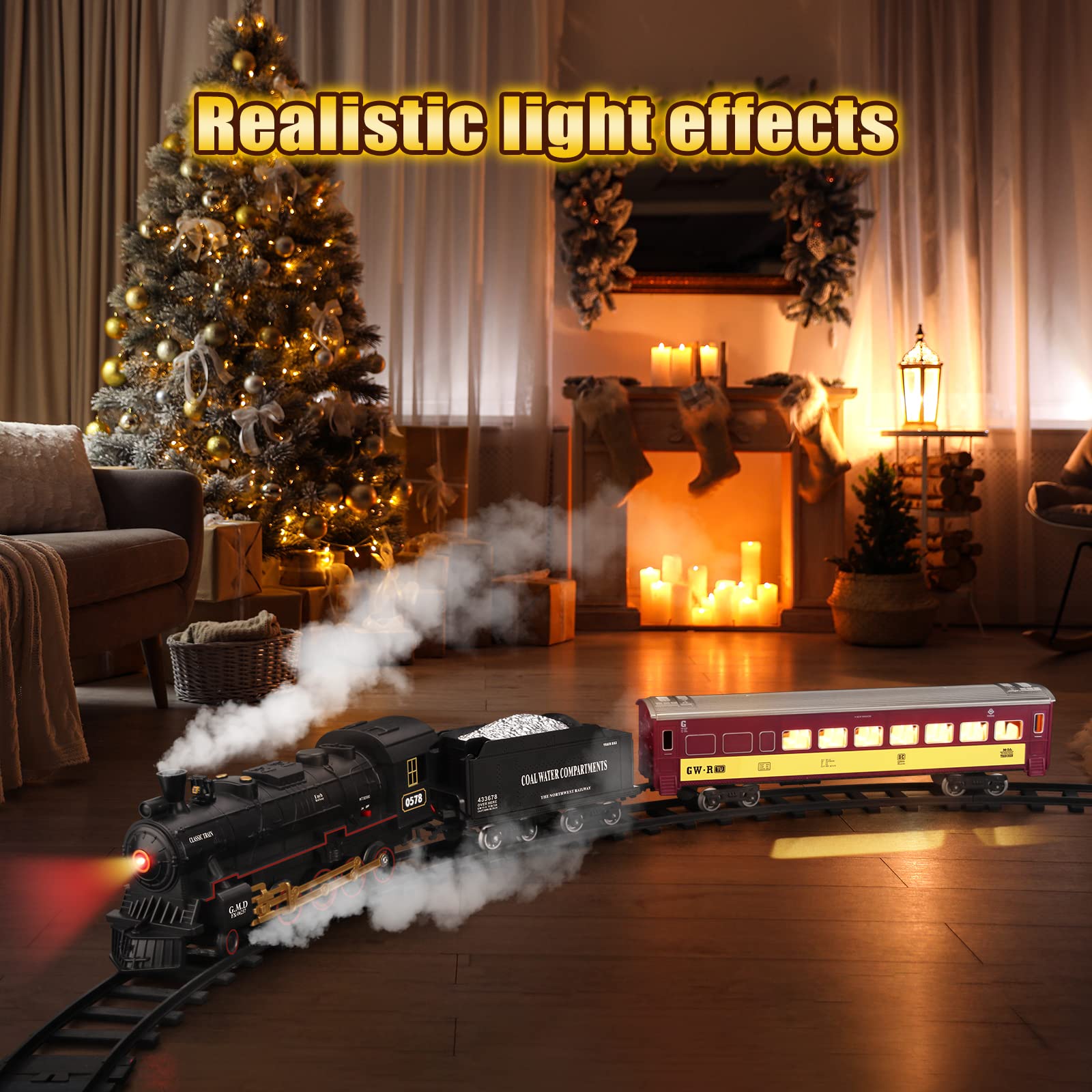 Train Set with remote control,Electric Railway Train Kit for Kids,Model Steam Locomotive Engine Train Track Around Christmas Tree,Forward & Backward,Gift Train Toy for Boys Girls 3 4 5 7 9 11