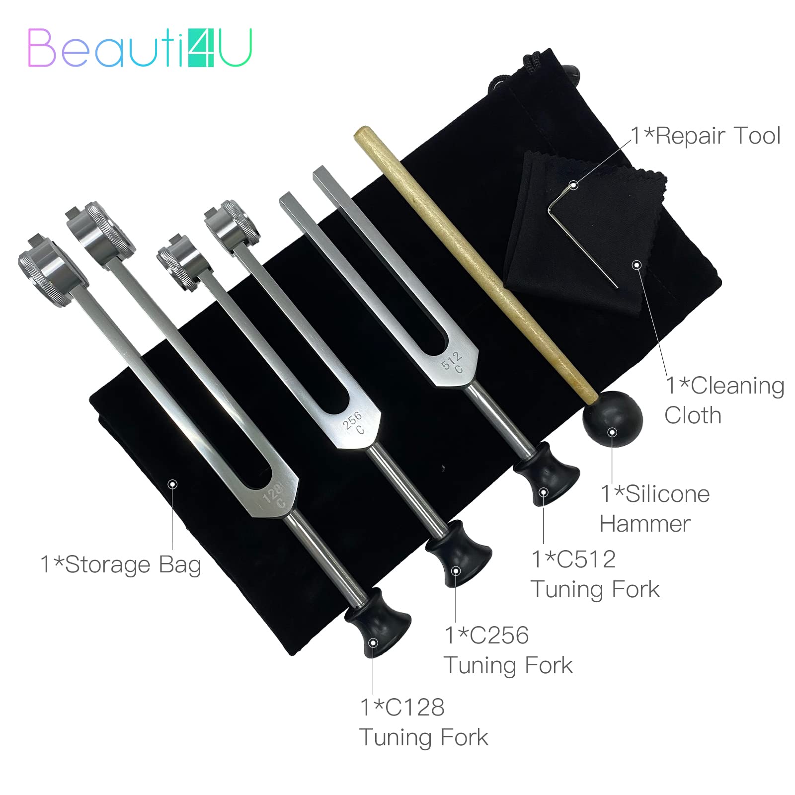 Tuning Fork Set (128Hz, 256Hz, 512Hz) β Medical Tuning Forks set for Healing with Silicone Hammer, Repair Tool, Cleaning Cloth and Storage Bag