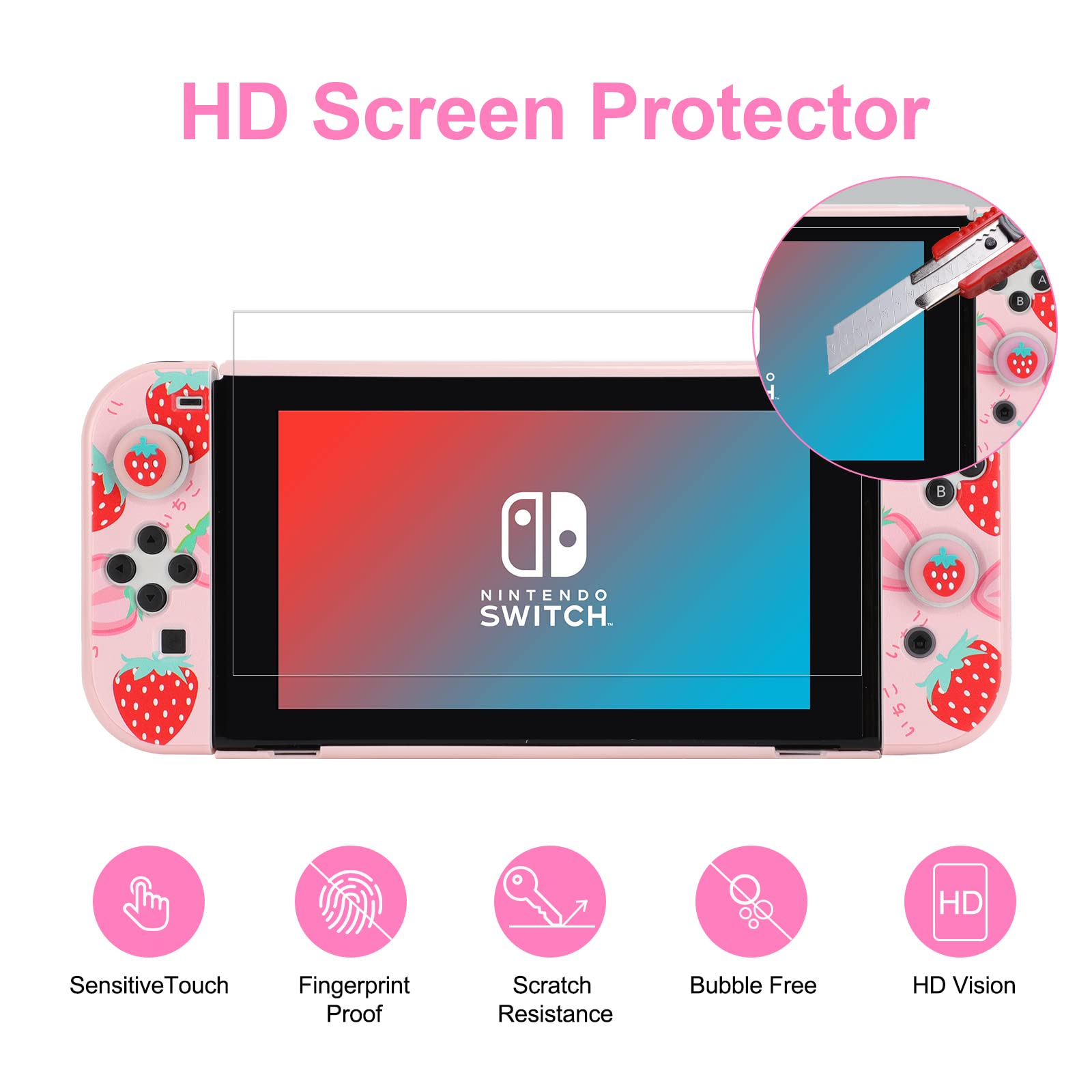WELWEL Welwel Strawberry Carrying Case and Protective Case Compatible with Switch(OLED Model), switch accessories-Adjustable Strap, Screen Protectors, Thumb Grip caps, pink