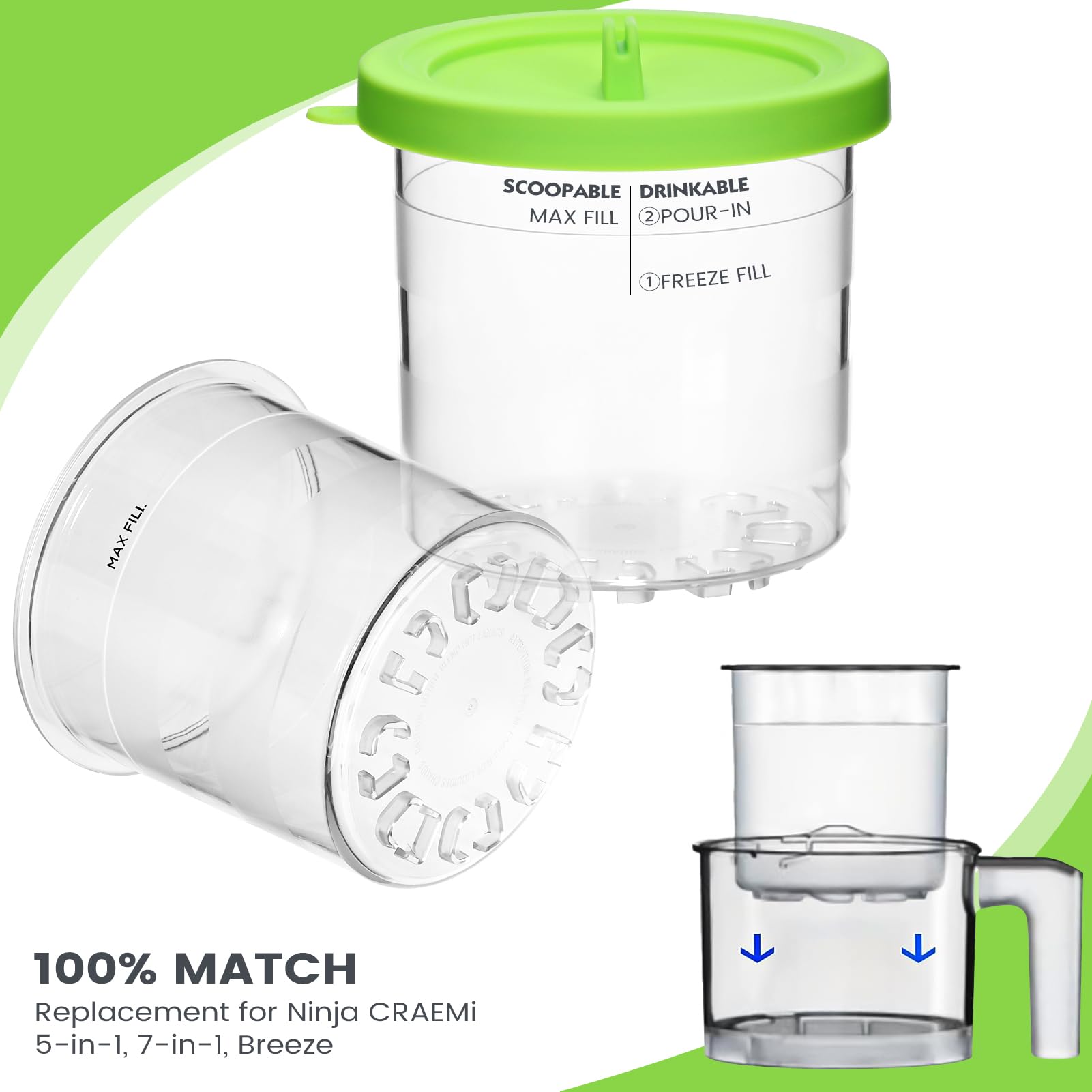 MOVAFEE 16 oz. Extra Pint | Containers Replacement for Ninja Creami Pints and Silicone Lids - 2 Pack, Compatible with Ninja NC301 NC300 NC299AMZ Series Creami Ice Cream Maker