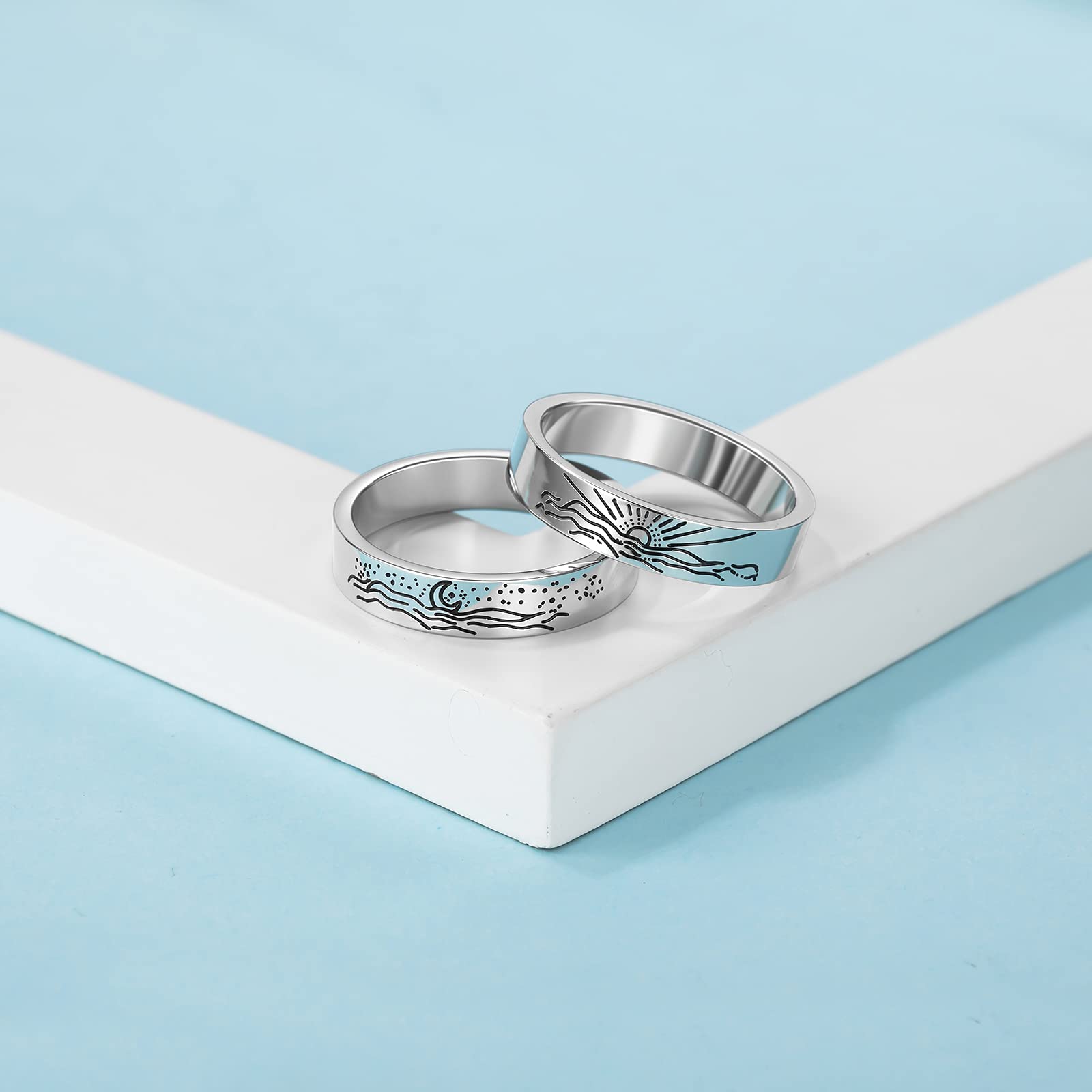 Sunflower Jewellery Moon and Sun Ring, Couple Ring,sun ring,sunrise ring,Crescent Moon ring,Friendship Ring, Star Ring, Lover Ring, Partner Ring, Gift (Stainless Steel, 8)