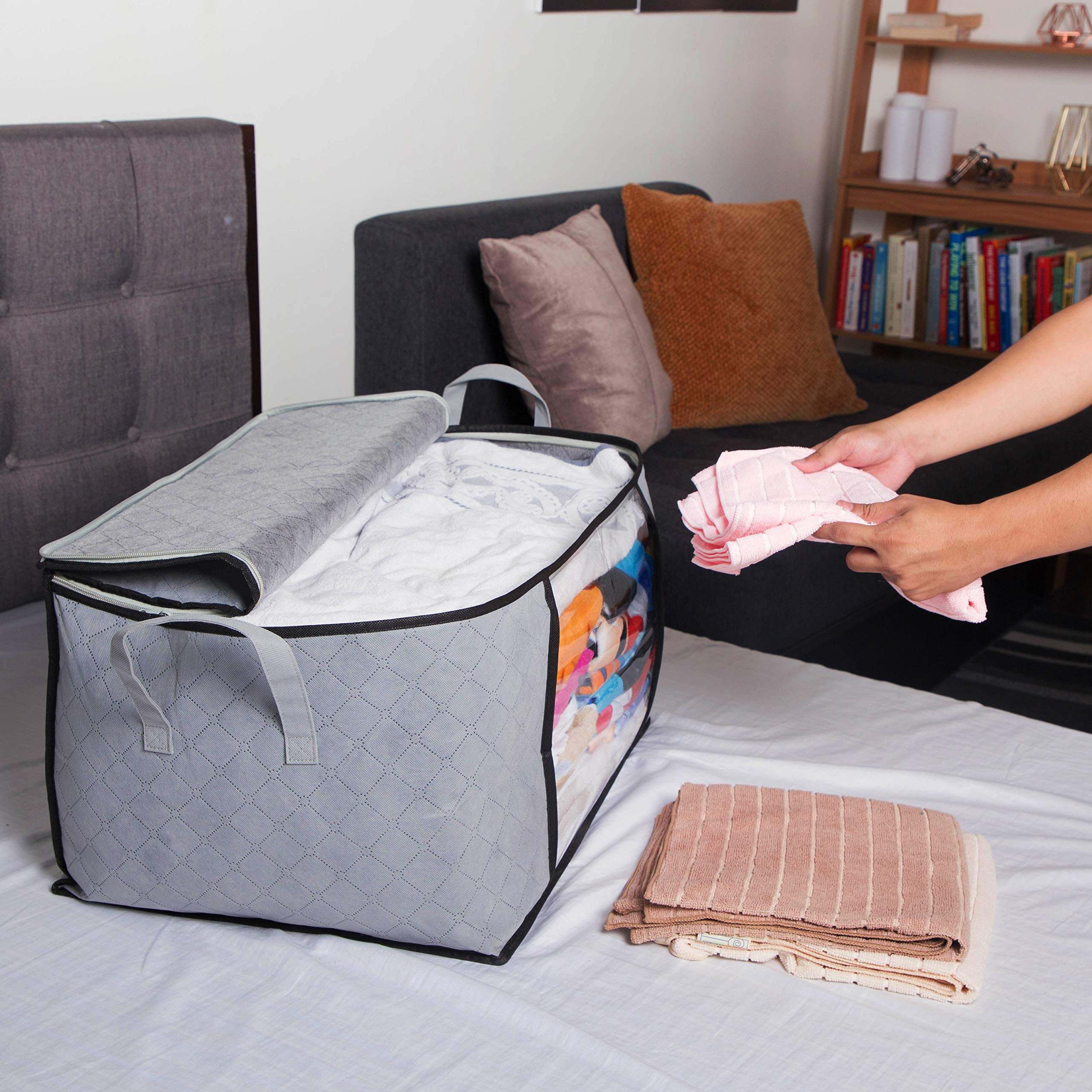 Regal Bazaar Clothes Storage Bag, Extra-Large Capacity Foldable Organizer with Sturdy Handles, Strong 3-Layer Fabric and Dual Zippers, Great for Large Comforters and Bedding (3-Pack, Grey and 3x90L)