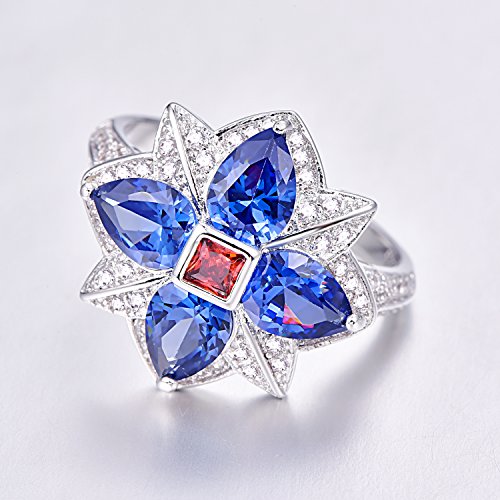 Psiroy 925 Sterling Silver Plated Created Blue Topaz Filled Pear Cut Flower Knuckle Statement Ring for Women Size 7