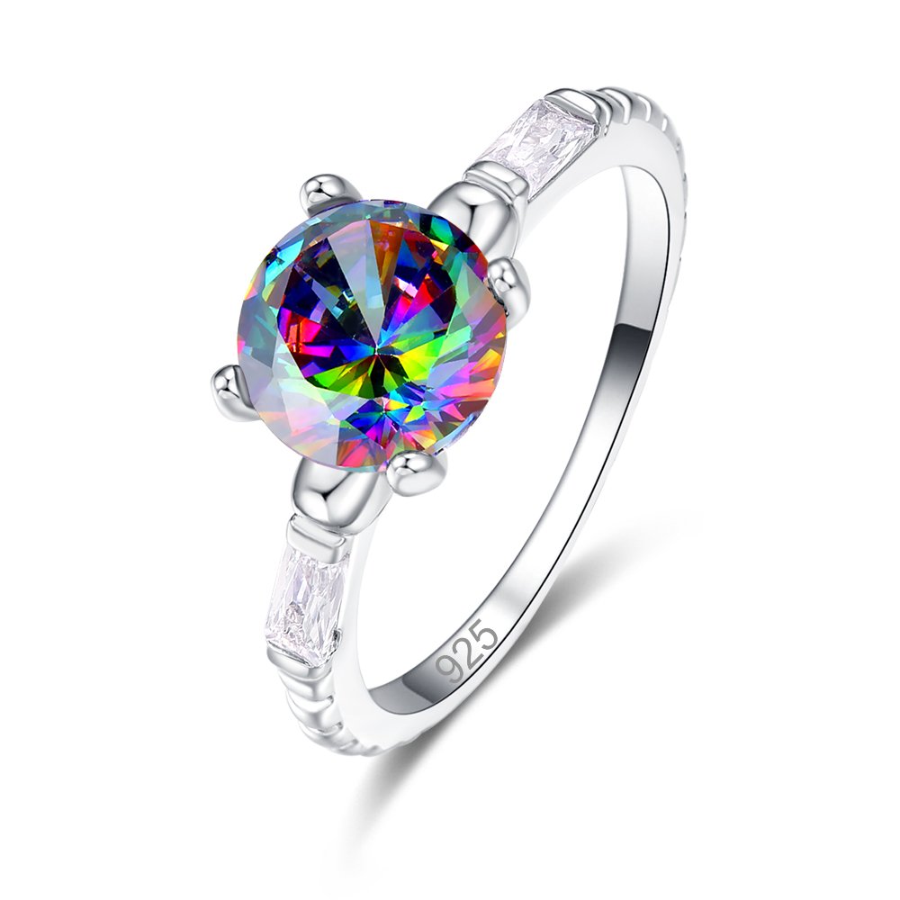 Psiroy 925 Sterling Silver Plated Created Rainbow Topaz Filled Round Cut Thin Solitaire Engagement Ring for Women Size 6