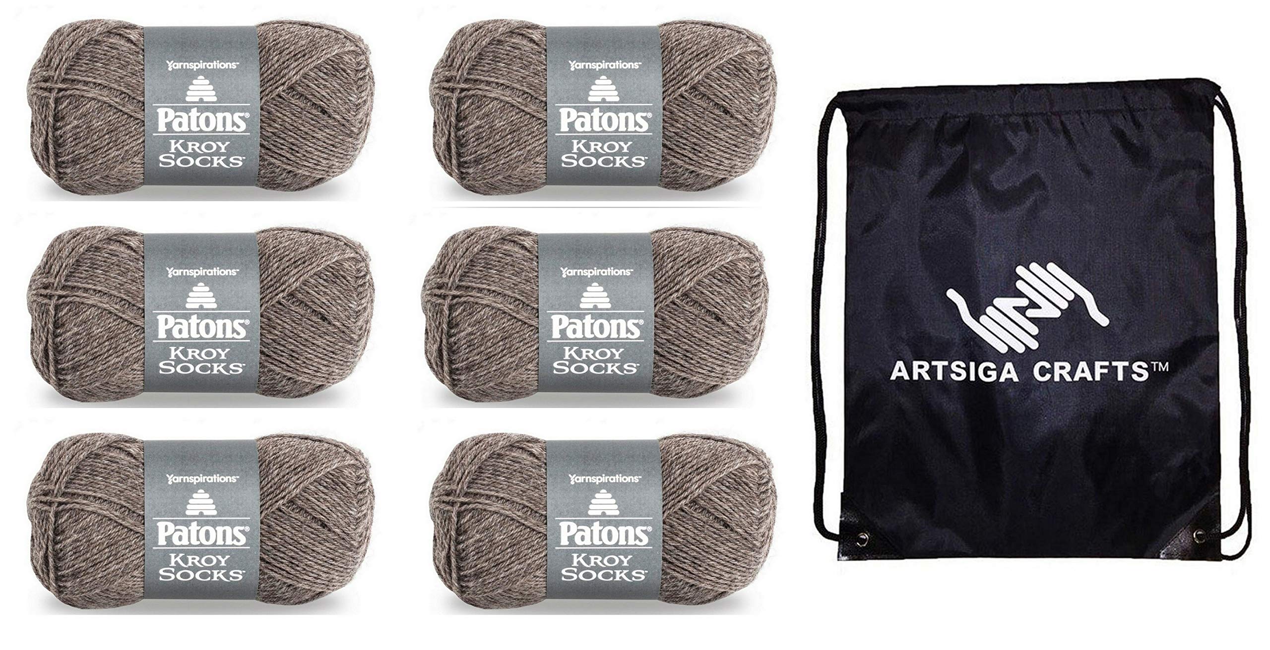 Patons Kroy Socks Brown Rose Marl 243455-55017 (6-Pack - Same Dye Lot) Weight #1 Acrylic Yarn for Crocheting and Knitting - Bundle with 1 Artsiga Crafts Project Bag