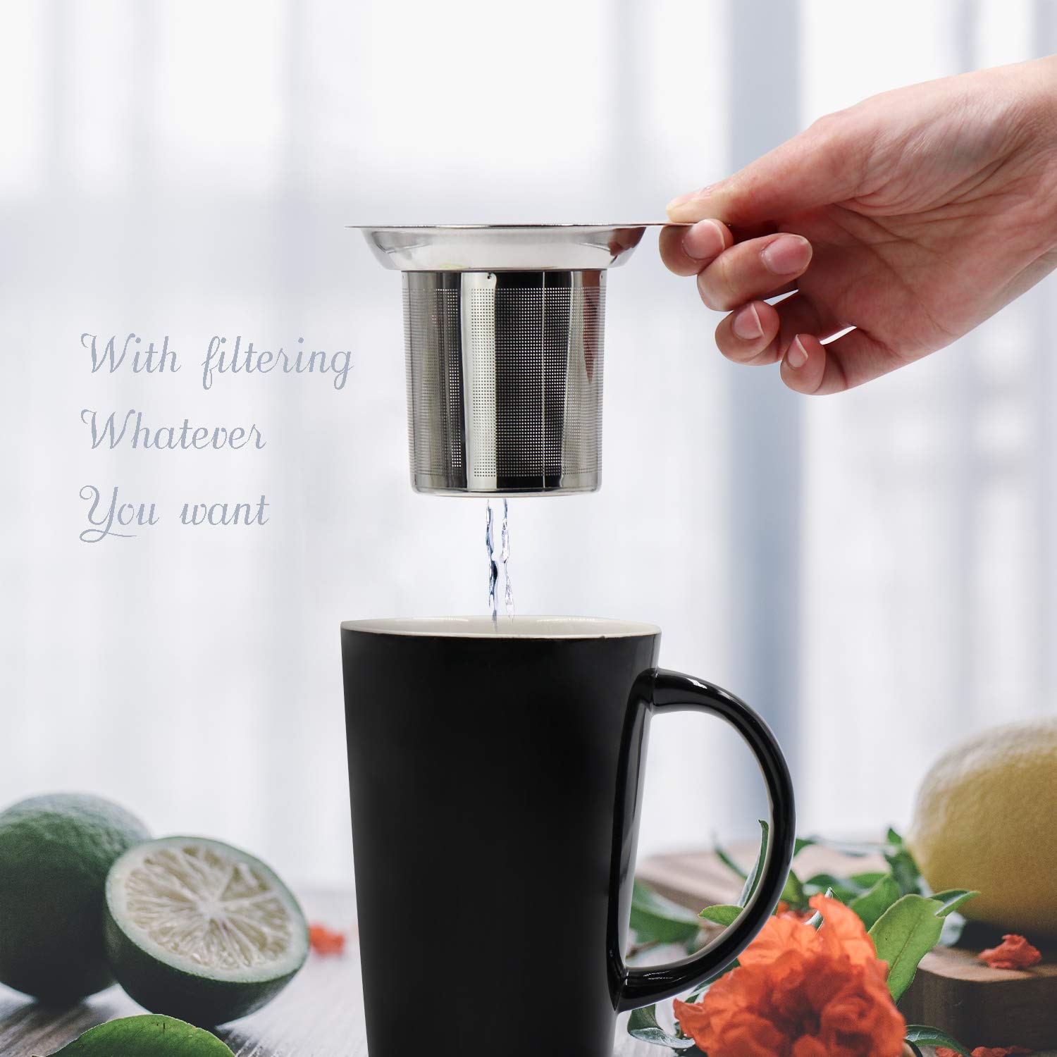 TOSSOW Ceramic Tea mug with Infuser and Lid 14oz Steeping Tea Cups Single Cup Loose Tea Brewing System Teaware with Filter(Dark Blue)