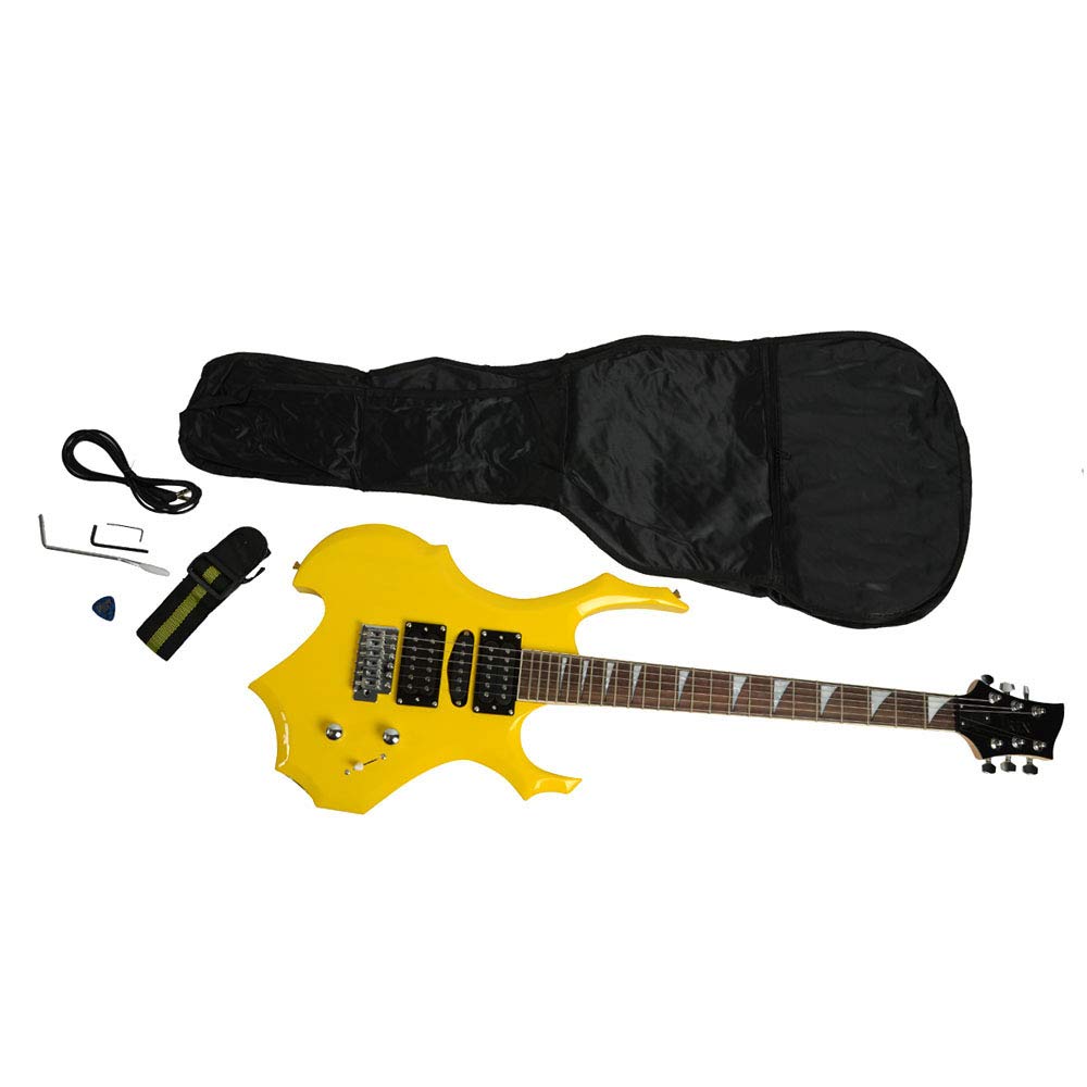 YUFUDE 36“ Beginner Flame Shaped Electric Guitar Starter Kit, w/Guitar Bag,Shoulder Strap,Amp Wire,Tremolo Arm, Plectrum (Yellow)