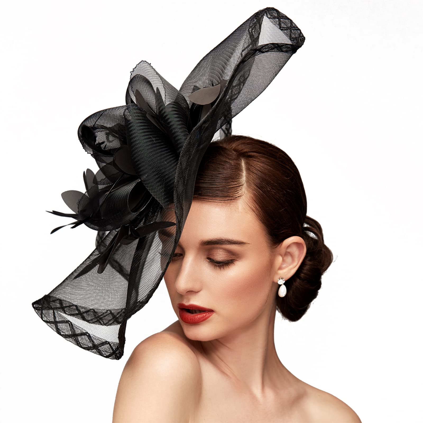 TS Fascinators Hat Mesh Floral Feather Fascinator Headband for Wedding Cocktail Tea Party or Special Occasion Ruffle Hat Large