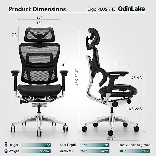 Odinlake Big & Tall Office Chair 500lbs, Heavy Duty Ergonomic Mesh Chair, High Back Swivel Computer Chair with Lumbar Support & 4D Arms,Adjustable Wide Seat Home Desk Chair with Headrest