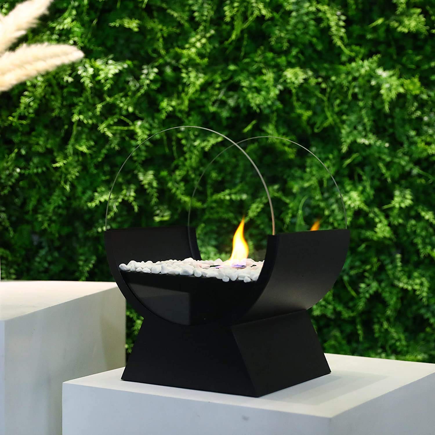 Round Glass Tabletop Fireplace 13.5" H Portable Fire Bowl Pot Clean Burning Bio Ethanol Ventless Fireplace for Indoor Outdoor Patio Parties Events(Black)