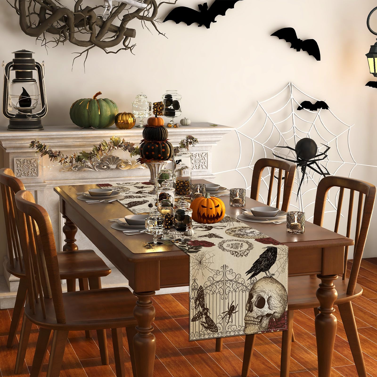 Rvsticty Linen Retro Halloween Table Runner Halloween Gothic Skull Tablecloth Day of The Dead Roses Skull Decor Halloween Decorations and Supplies for Home Kitchen Table-13Γ72ββ