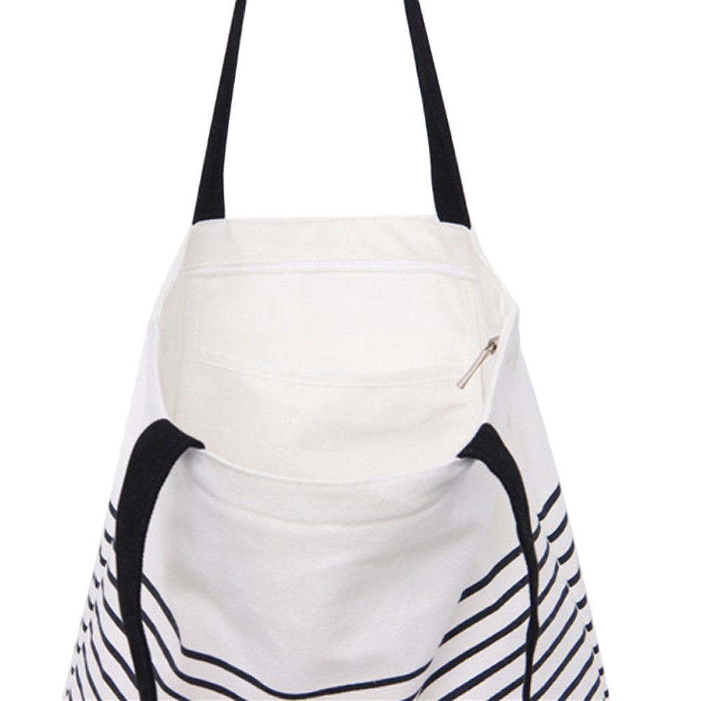 Nuni Black Stripe Pattern Canvas Tote Bag Shoulderbag White, Black Handles, Medium