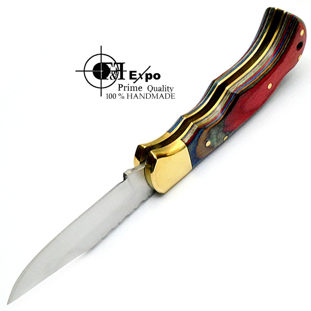 Multi Wood 6.5'' Handmade Stainless Steel Folding Pocket Knife Brass Bloster With Back Lock 100% Top Quality