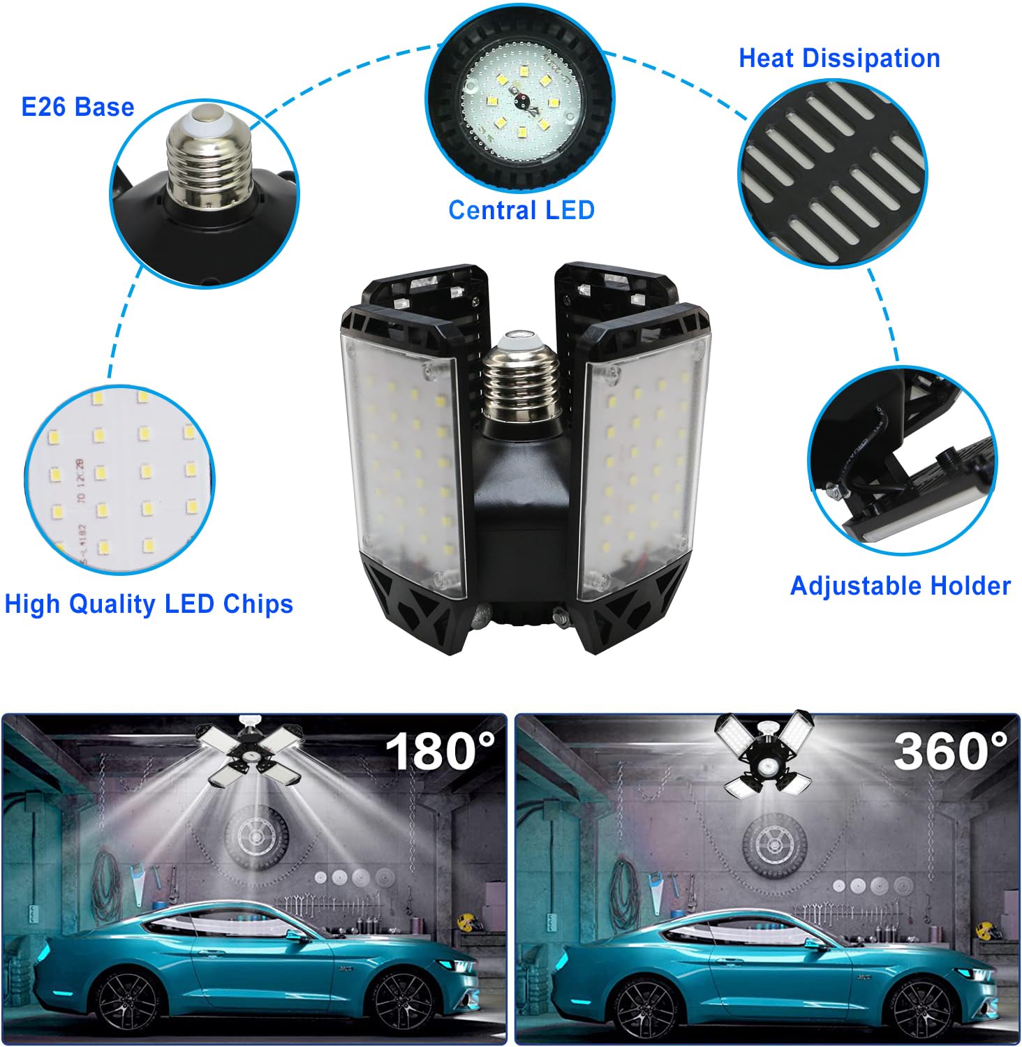 QiyuanLS 2 Pack 60W LED Garage Lights, Deformable Garage Light with 3 Adjustable Wings, 6000LM, E26 LED Shop Light, Barn Light, High Bay Light, Ceiling Lighting Fixture for Warehouse