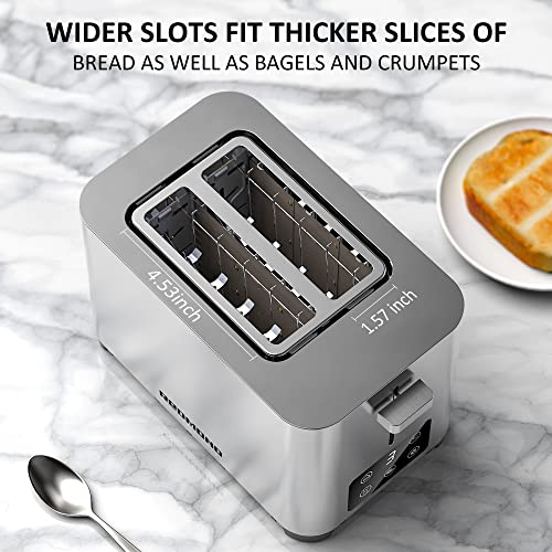 Toaster 2 Slice Extra-Wide 1.57β Slots, REDMOND Stainless Steel Toaster with LED Display, 6 Bread Shade Settings, Defrost/Bagel/Reheat/Cancel Functions and Removable Crumb Tray - 2 Slice