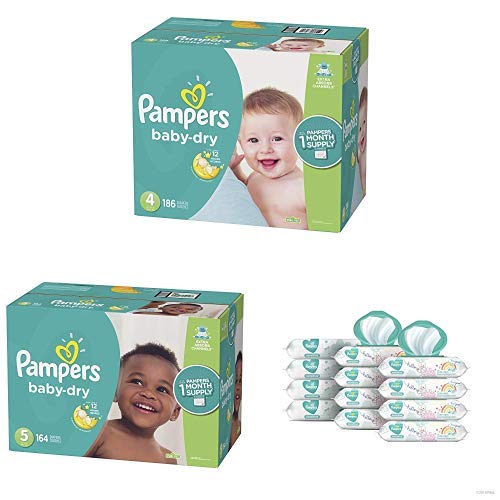 Pampers Bundle - Baby Dry Disposable Baby Diapers Sizes 4, 186 Count & 5, 164 Count with Pampers Sensitive Water-Based Baby Wipes, 12 Pop-Top and Refill Combo Packs, 864 Count