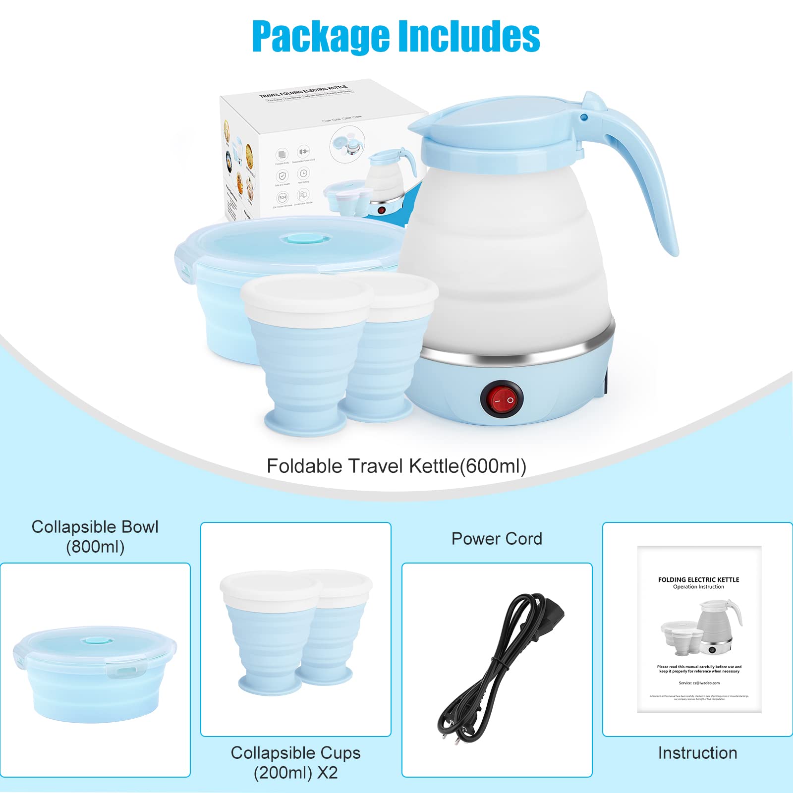 Travel Foldable Electric Kettle, Collapsible Portable Kettle for Fast Water Boiling Tea Coffee, with 1 Collapsible Bowl and 2 Collapsible Cups, Food Grade Silicon, 600ML 110V