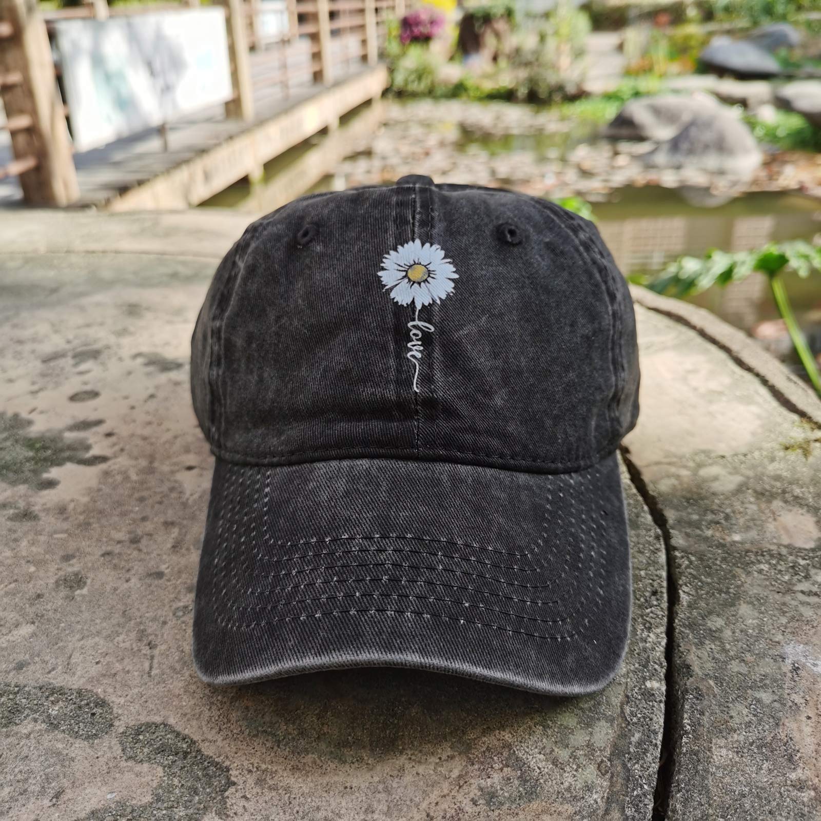 Waldeal Women's Caps Cute Daisy Love Baseball Hats Vintage Denim Cap Black