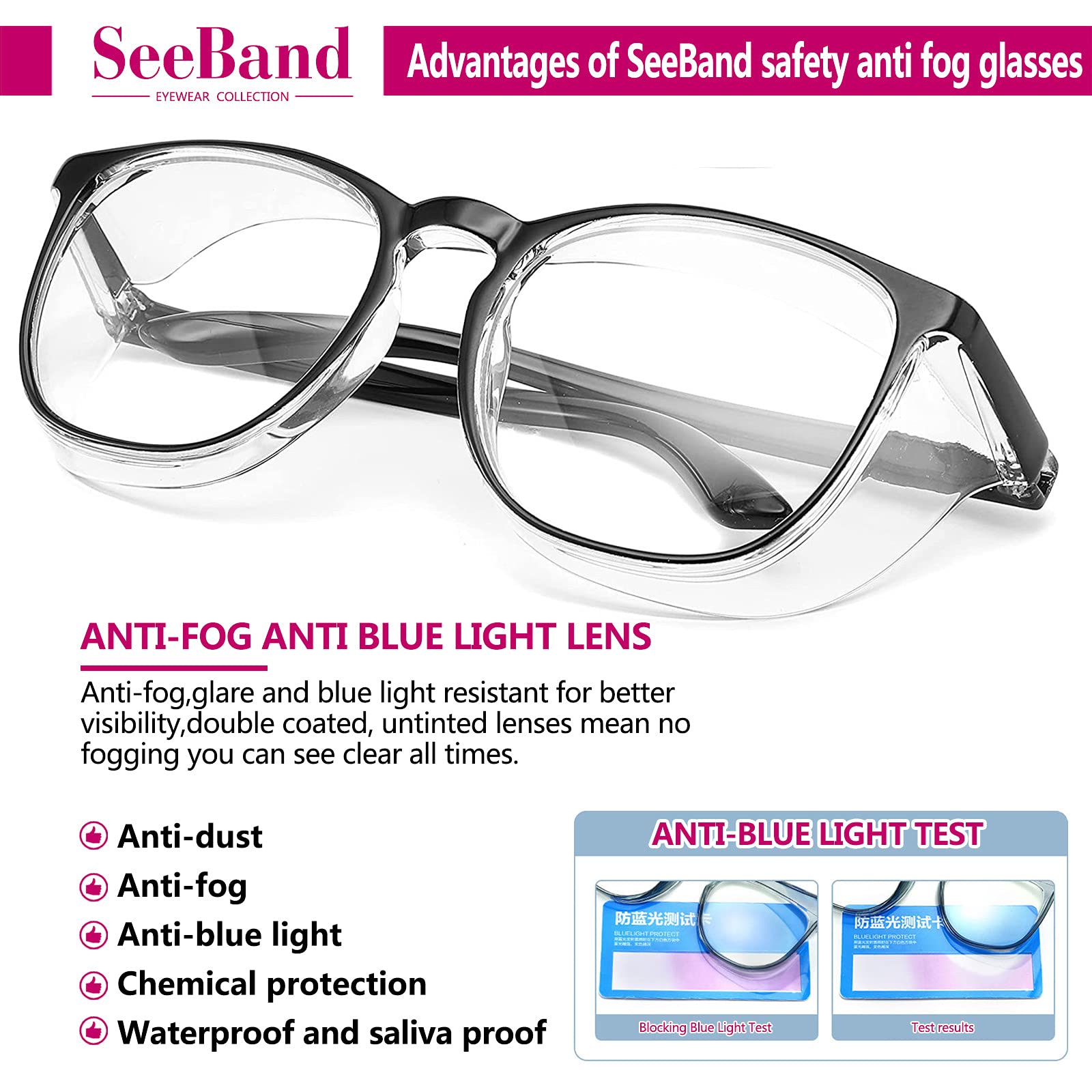 SeeBand Safety Glasses Anti Fog Round Clear Safety Goggles Scratch Resistant with Blue Light Blocking Glasses for Women Men (2 Pack Clear + Black)