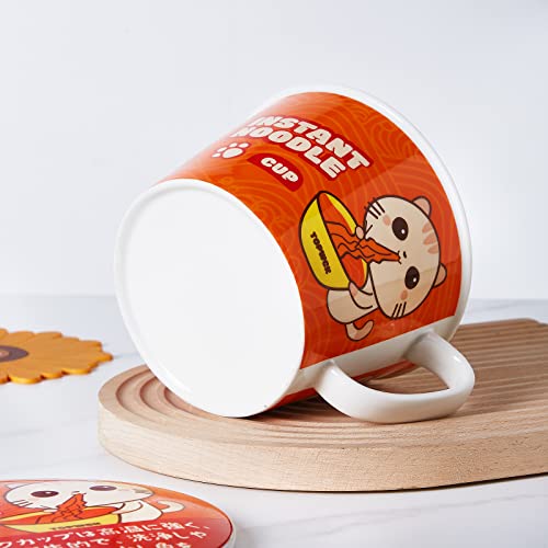 TOPWCK 34oz Large Microwavable Ceramic Ramen Bowl with Lid, Handle, Chopsticks, Cute Anime Japanese Instant Noodle Cooker Soup Bowl, Gift for Teens Kids (Cat)