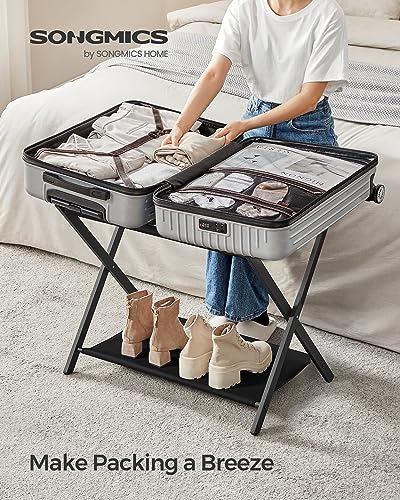 SONGMICS Luggage Racks for Guest Room, Set of 2, Suitcase Stand with Fabric Storage Shelf, Foldable for Space-Saving Storage, Steel Frame, Hotel, Bedroom, Black URLR004B02